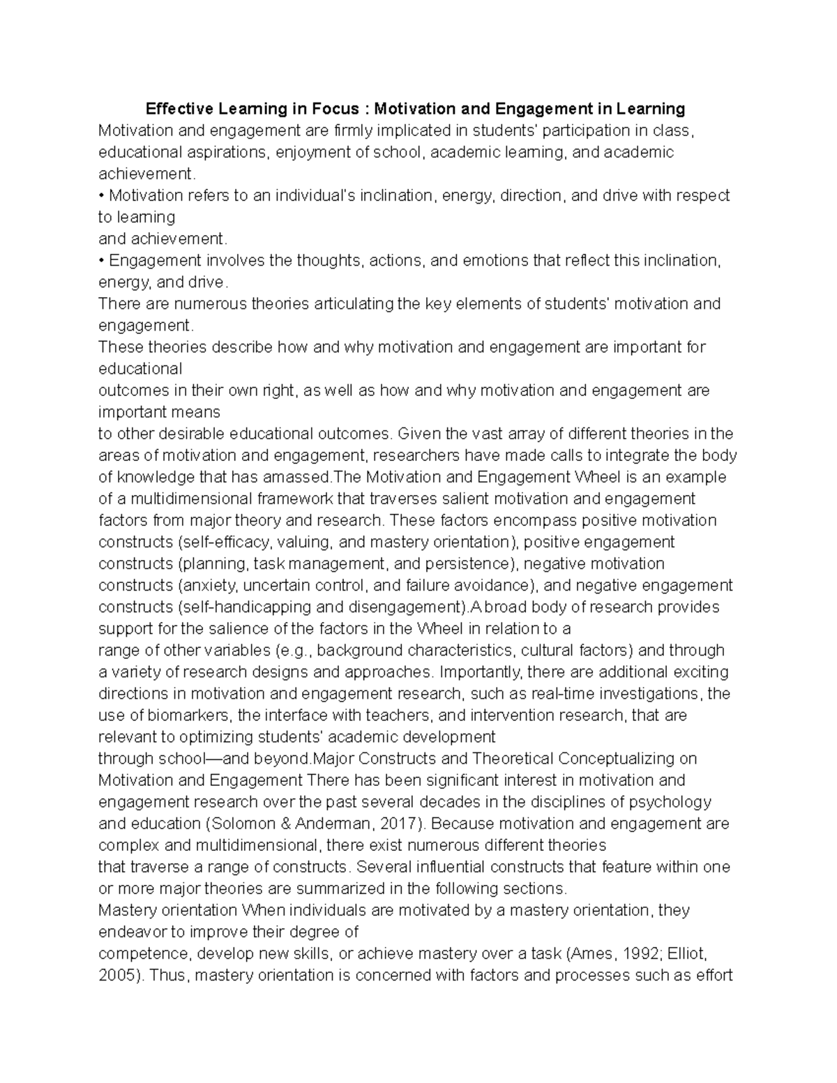 Educ 100 Effective Learning in Focus - Motivation and Engagement in ...