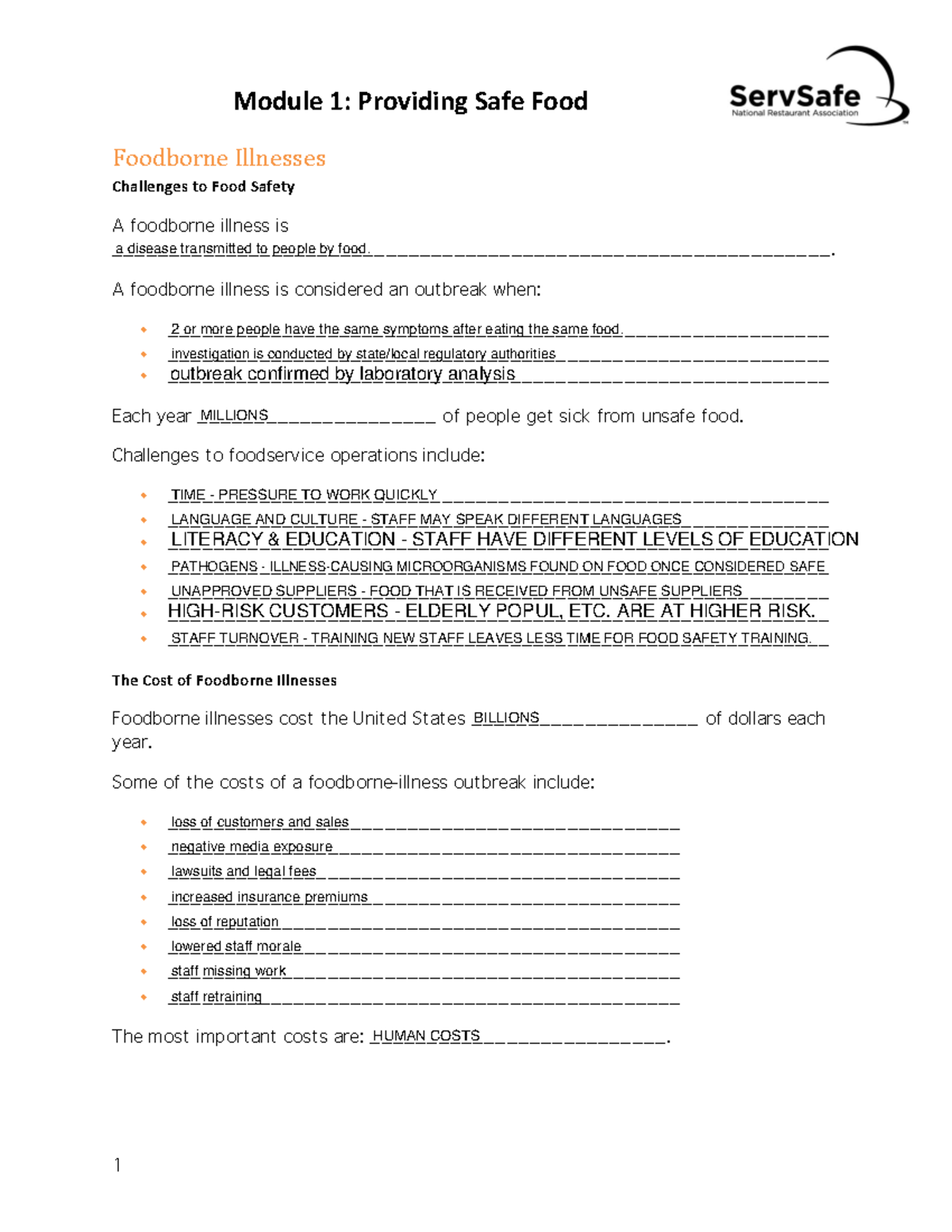 Note Taking Study Guide with Answers - Module 1: Providing Safe Food ...