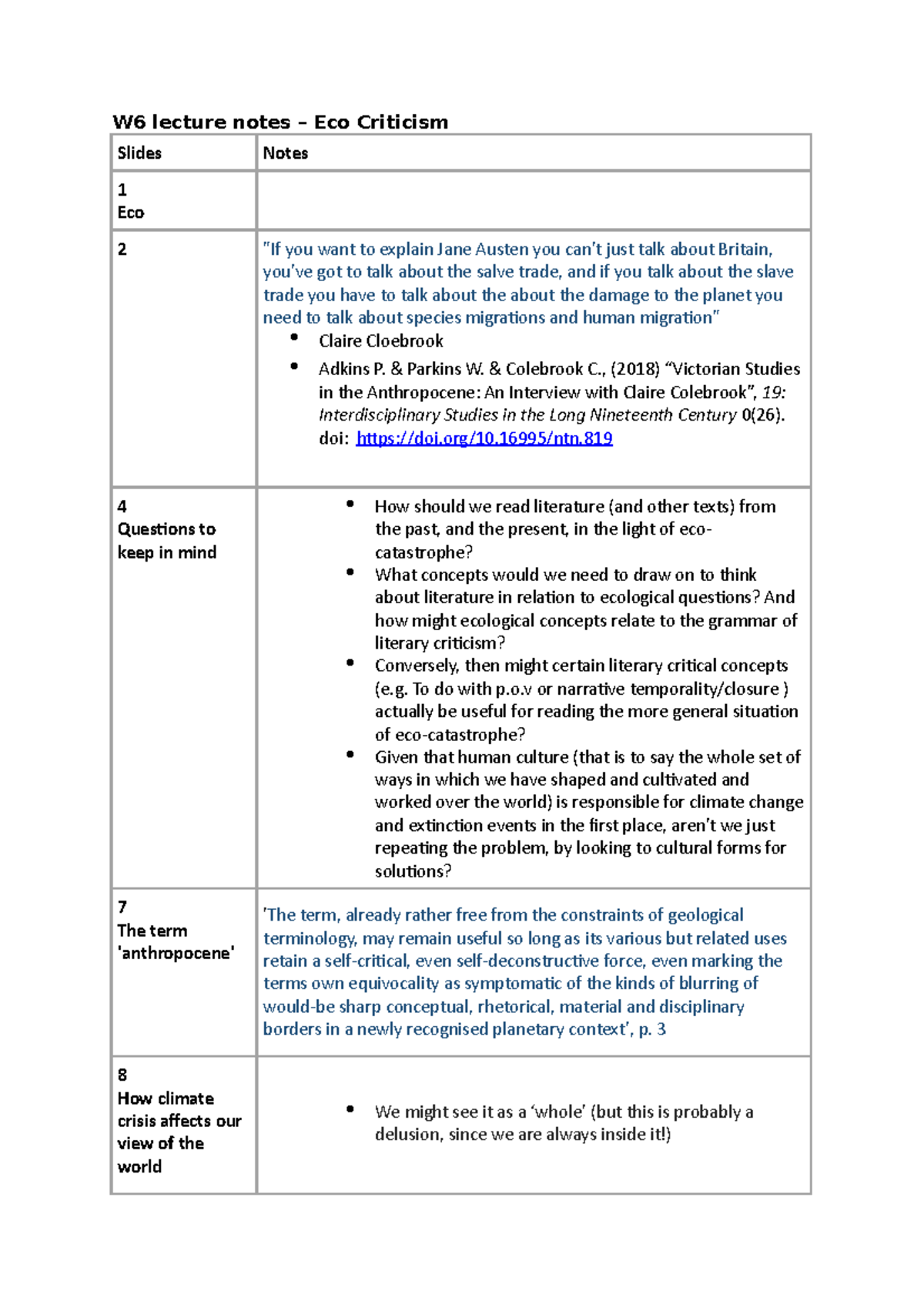 W6 lecture notes – Eco Criticism - W6 lecture notes – Eco Criticism ...