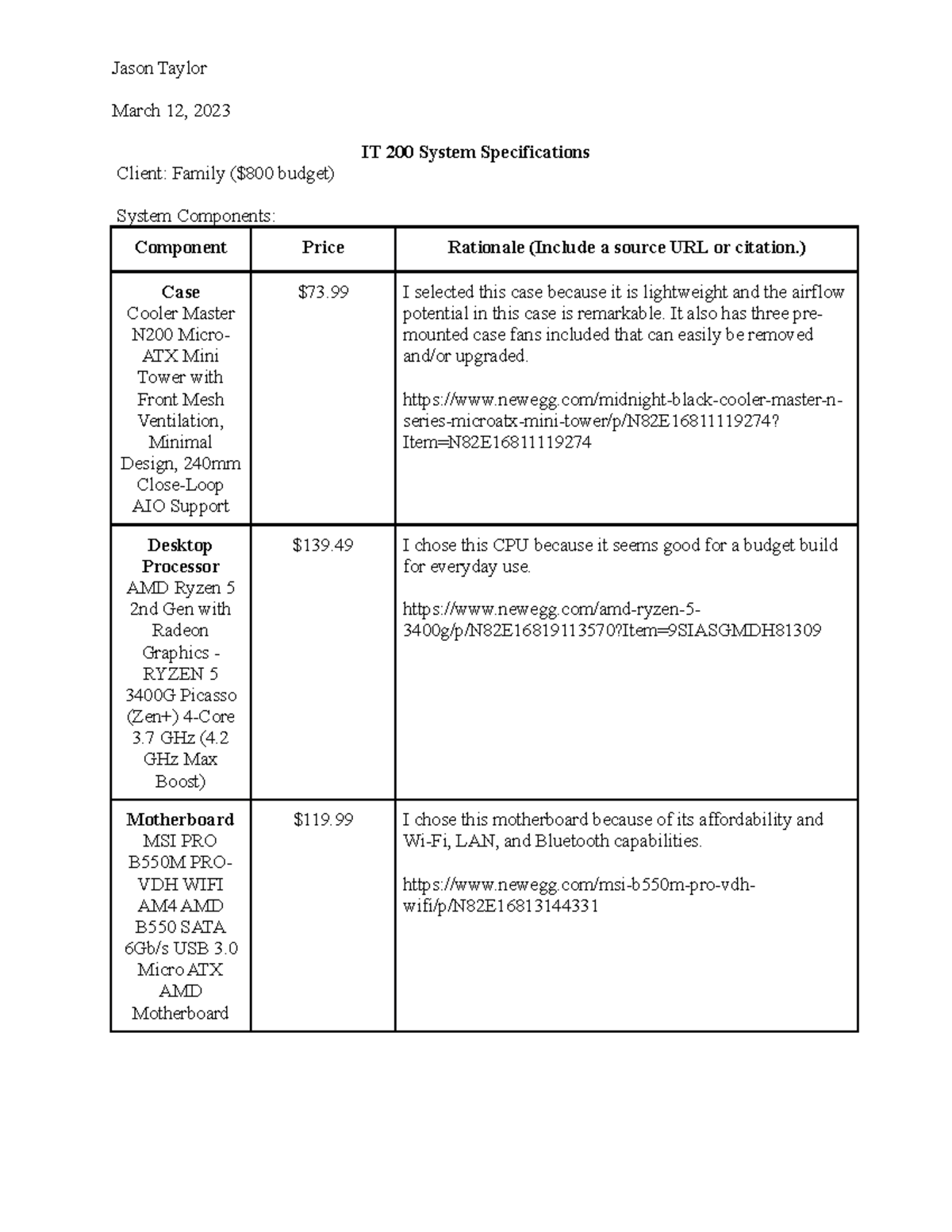 IT 200 System Specifications Template - Jason Taylor March 12, 2023 IT 200 System Specifications ...