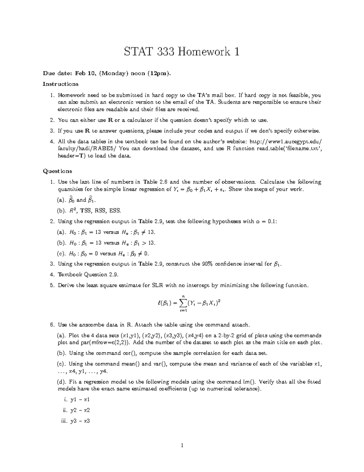 Hw1 Feb10 - Spring - STAT 333 Homework 1 Due date: Feb 10, (Monday ...