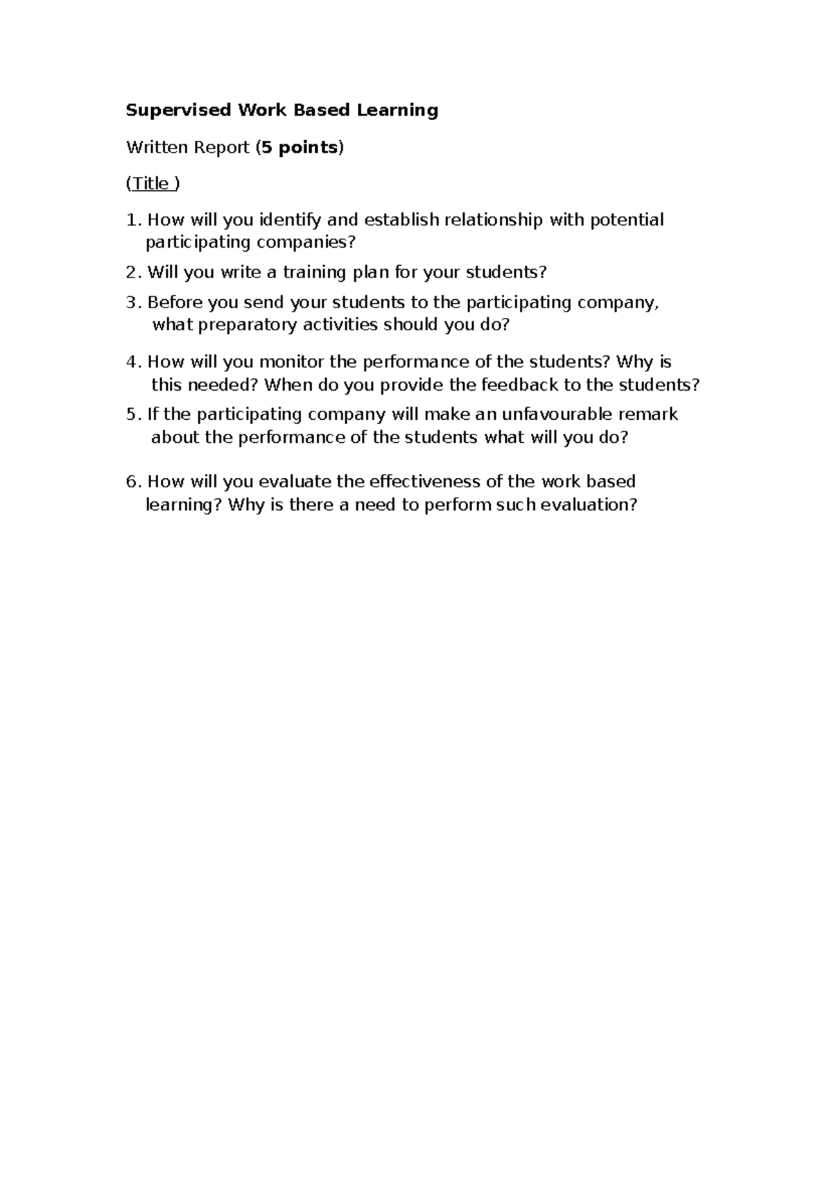 Supervised Work Based Learning - Supervised Work Based Learning Written ...