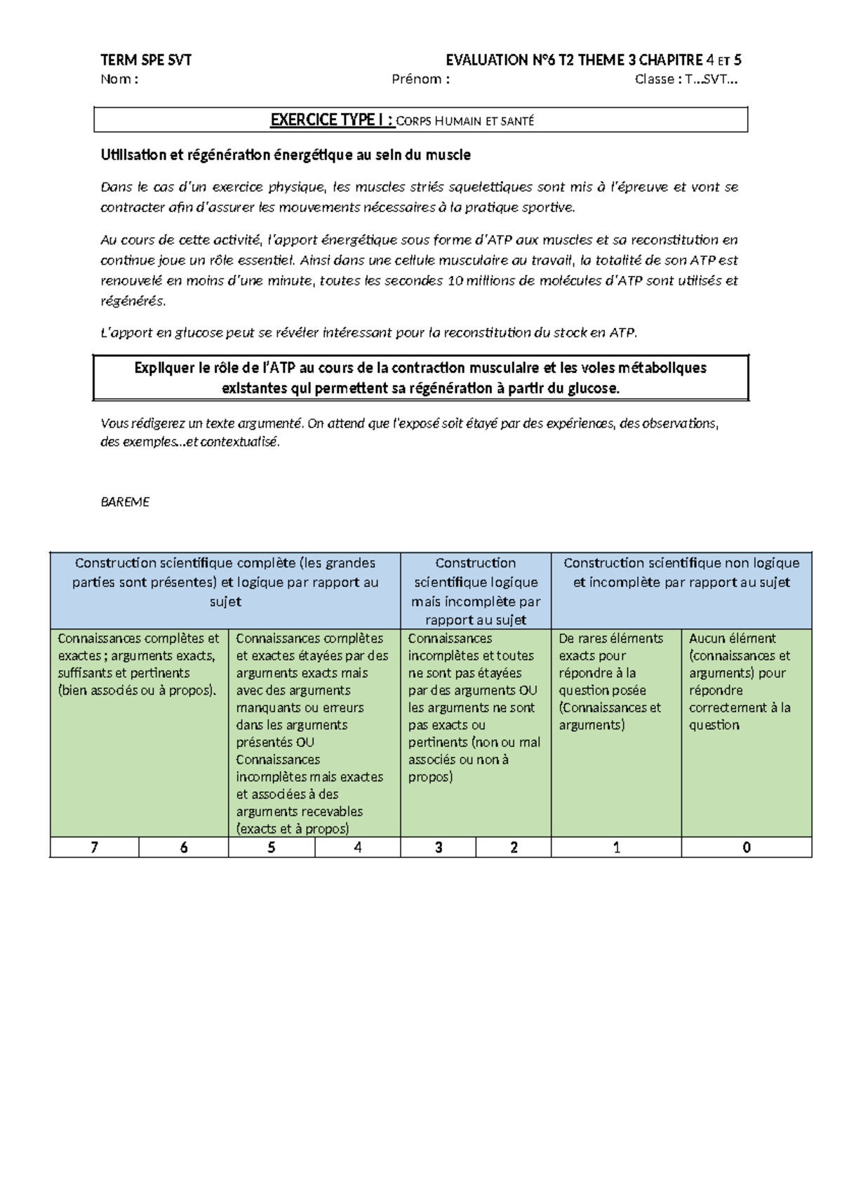 Evaluation Chap 4,5 Theme 3 T2 TERM SPE 2024 Type I - TERM SPE SVT EVALUATION N°6 T2 THEME 3 ...