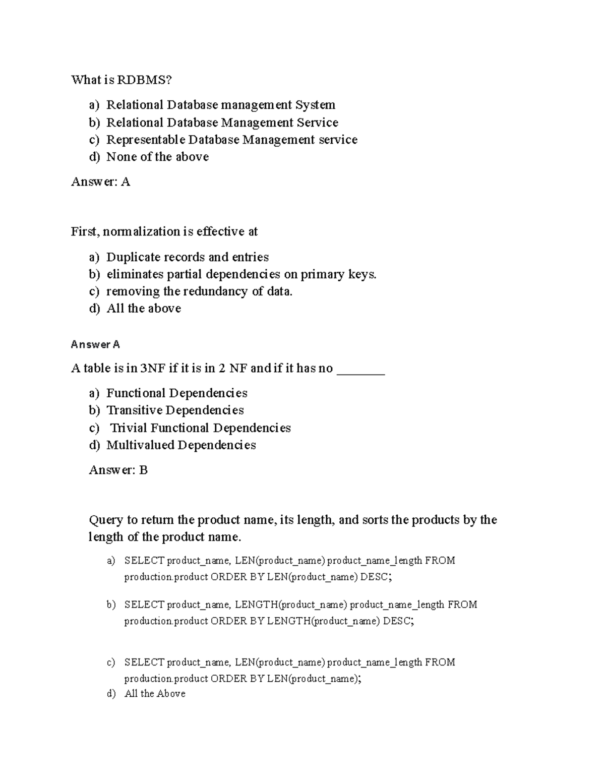 Freshers Sql Interview Questions What Is Rdbms A Relational Database Management System B