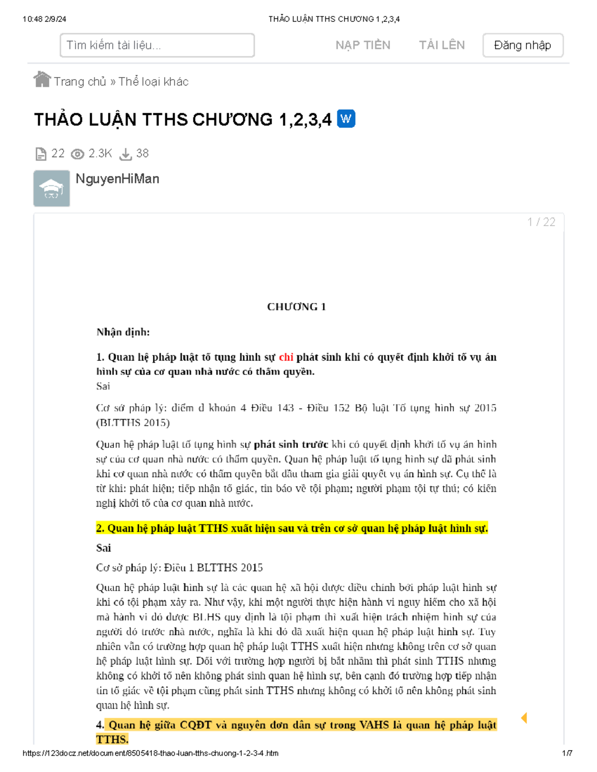 THẢO LUẬN TTHS CHƯƠNG 1,2,3,4 - Trang chủ » Thể loại khác THẢO LUẬN TTHS CHƯƠNG 1,2,3,4 w 22 2 ...