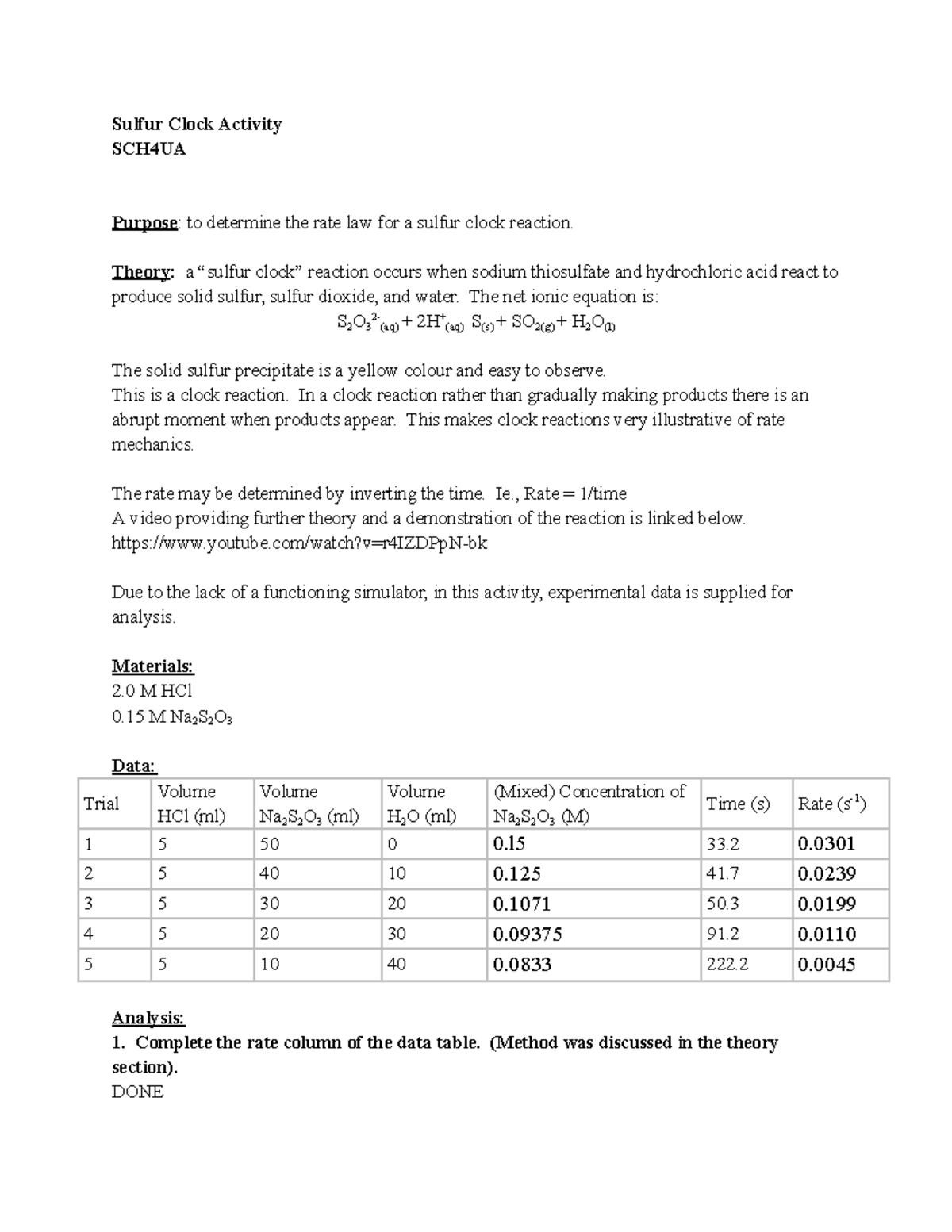 Sulfur Clock Activity - EXIT CARD - Sulfur Clock Activity SCH4UA ...