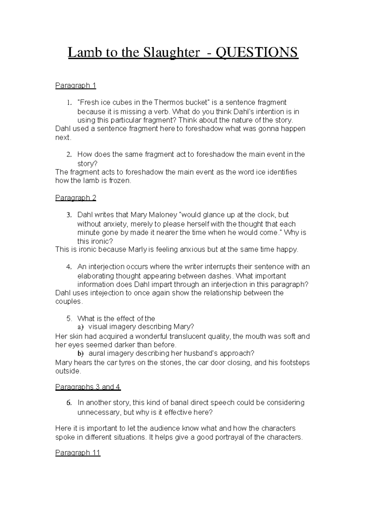 Lamb to the Slaughter + Questions - Lamb to the Slaughter - QUESTIONS ...