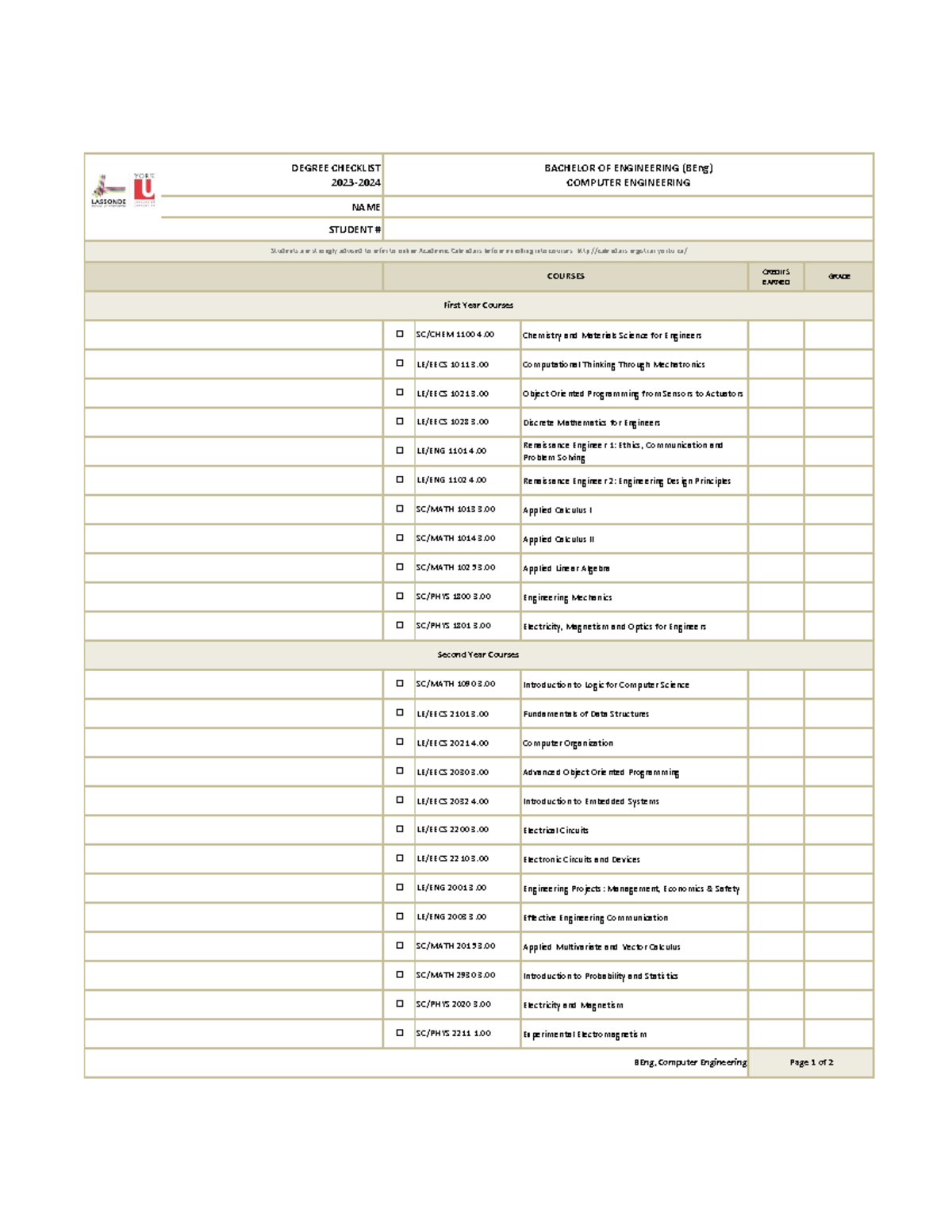 2023 2024 Degree Checklist BEng Computer - DEGREE CHECKLIST 2023- NAME ...