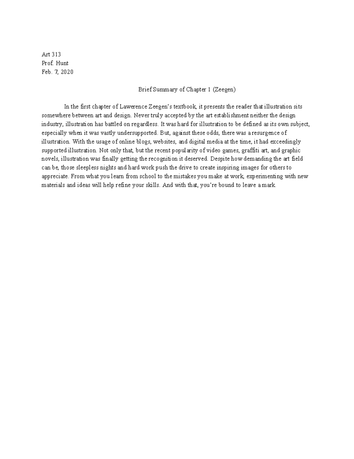 Brief Summary Of Chapter 1 Zeegen Art 313 Prof Hunt Feb 7 2020