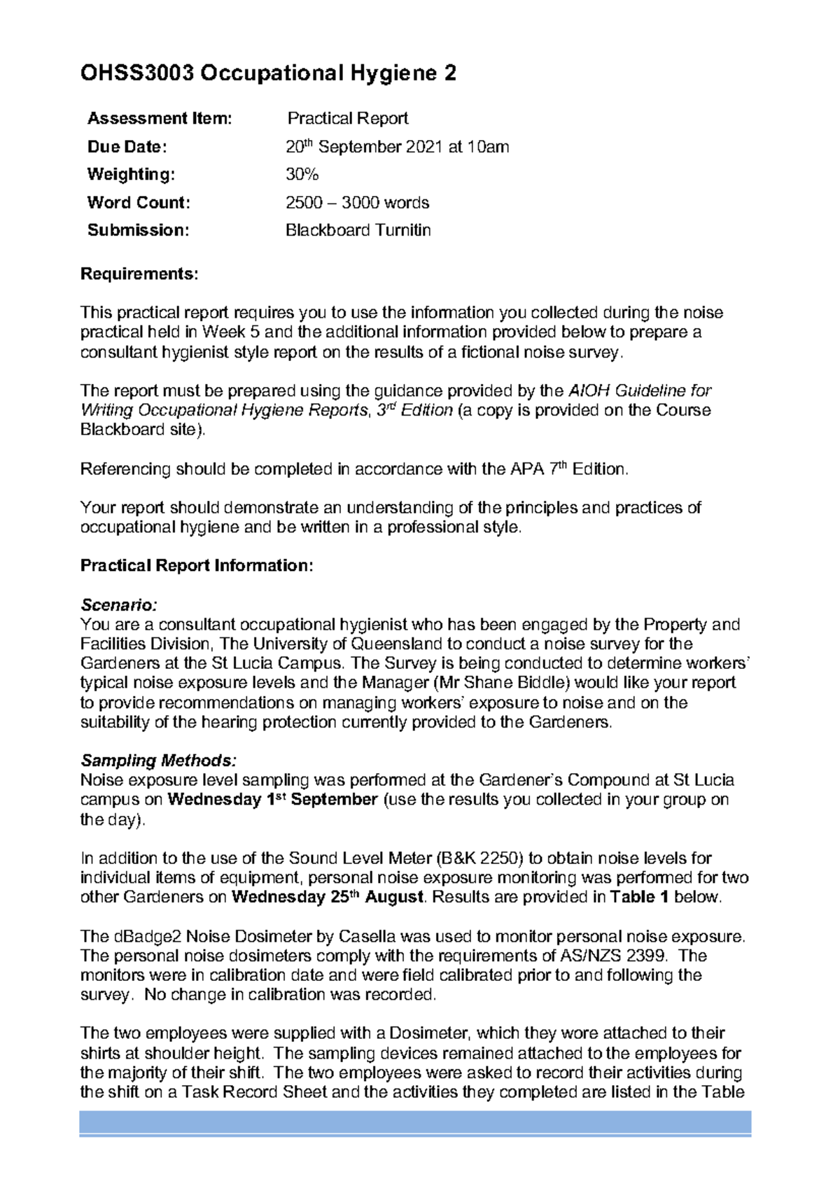 Practical Report Requirements - OHSS3003 Occupational Hygiene 2 ...