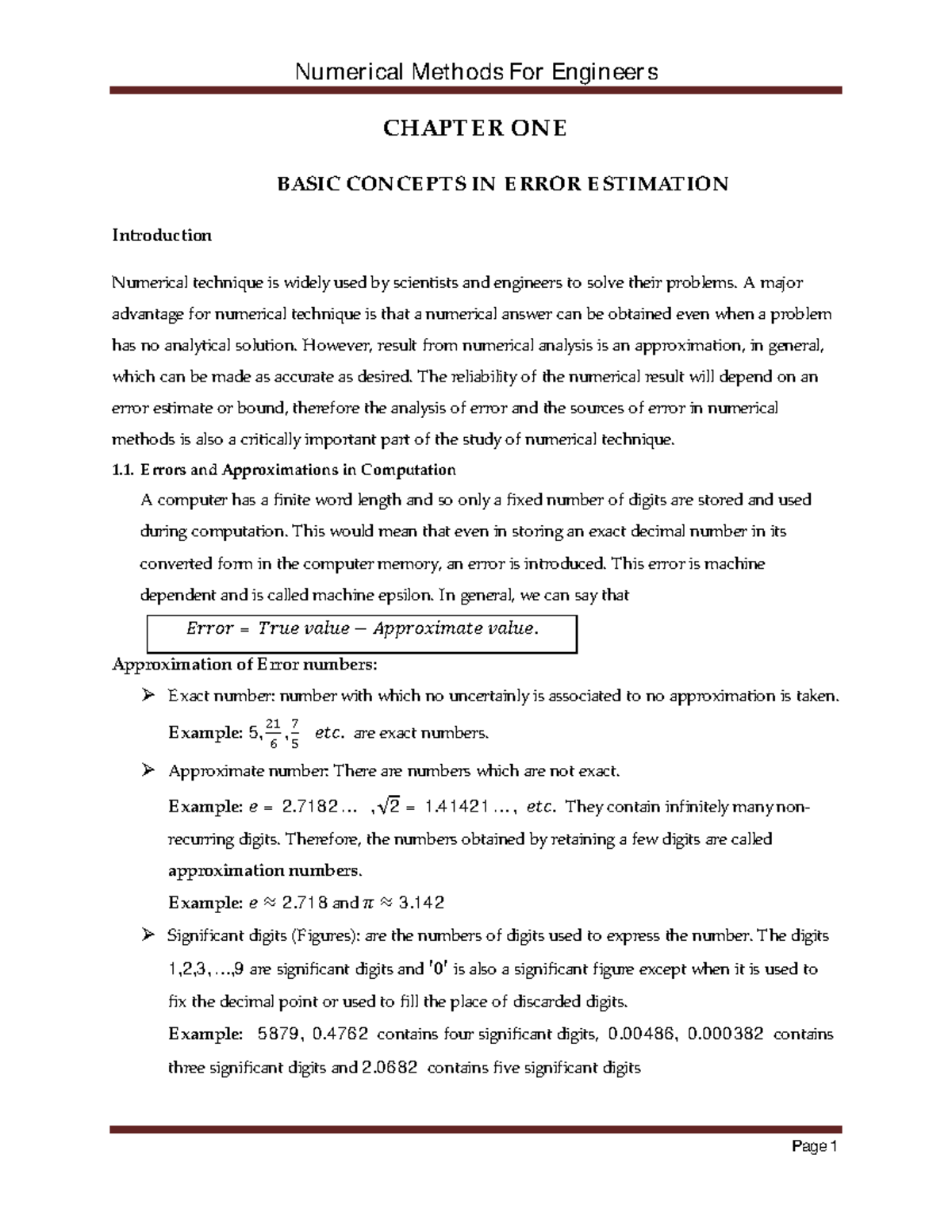 Numerical Methods For Engineers Chapter - CH APTE R ON E BASIC CONCE ...