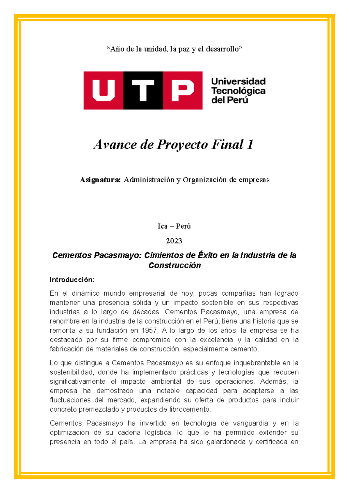 Avance de Proyecto Final 1 - “Año de la unidad, la paz y el desarrollo” Avance de Proyecto Final ...