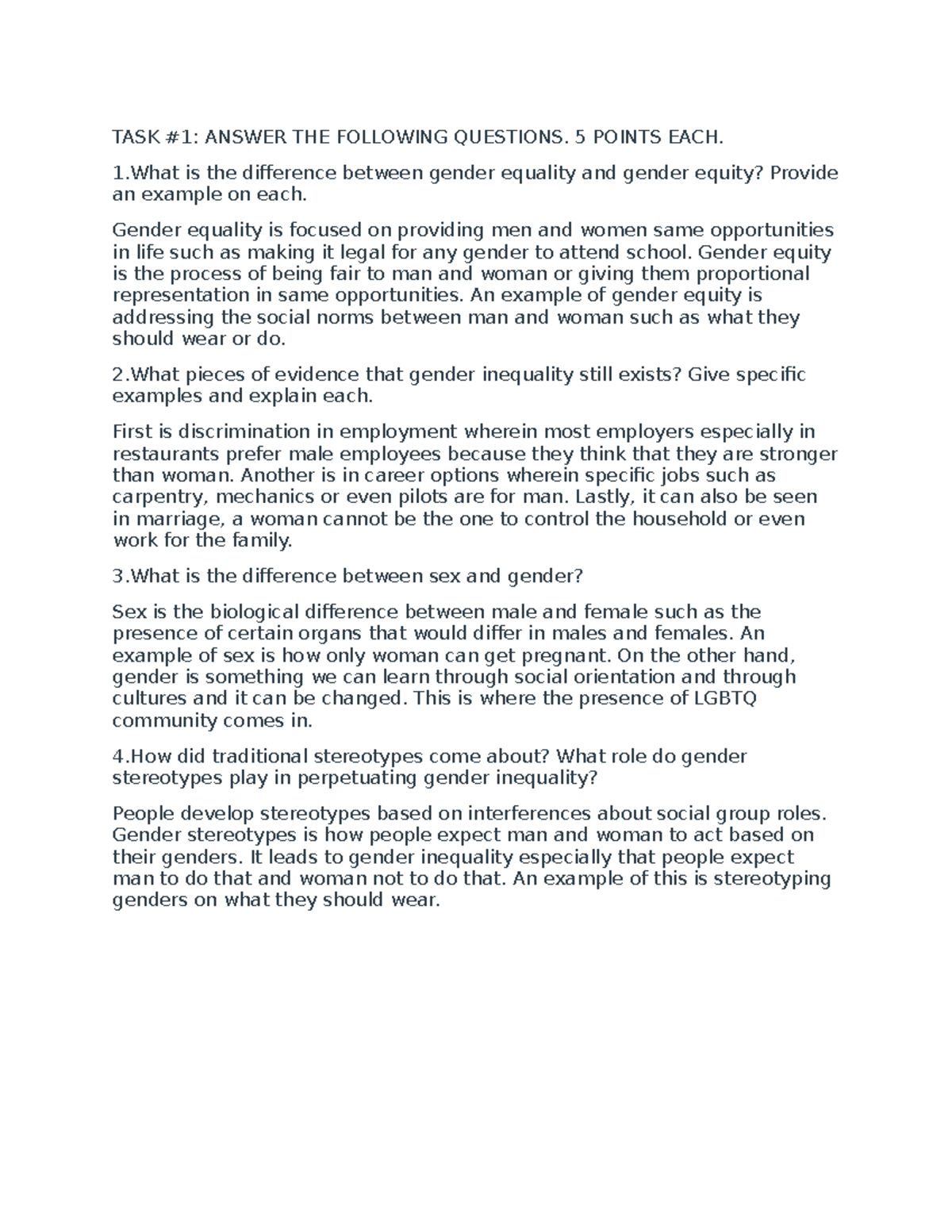 gender equality and equity - TASK #1: ANSWER THE FOLLOWING QUESTIONS. 5 ...