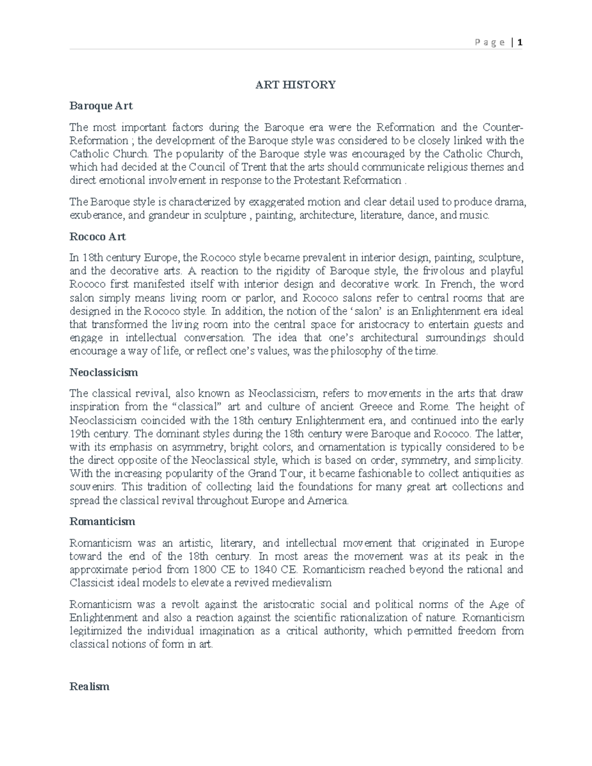 Notes. European ART History - P a g e | 1 ART HISTORY Baroque Art The ...