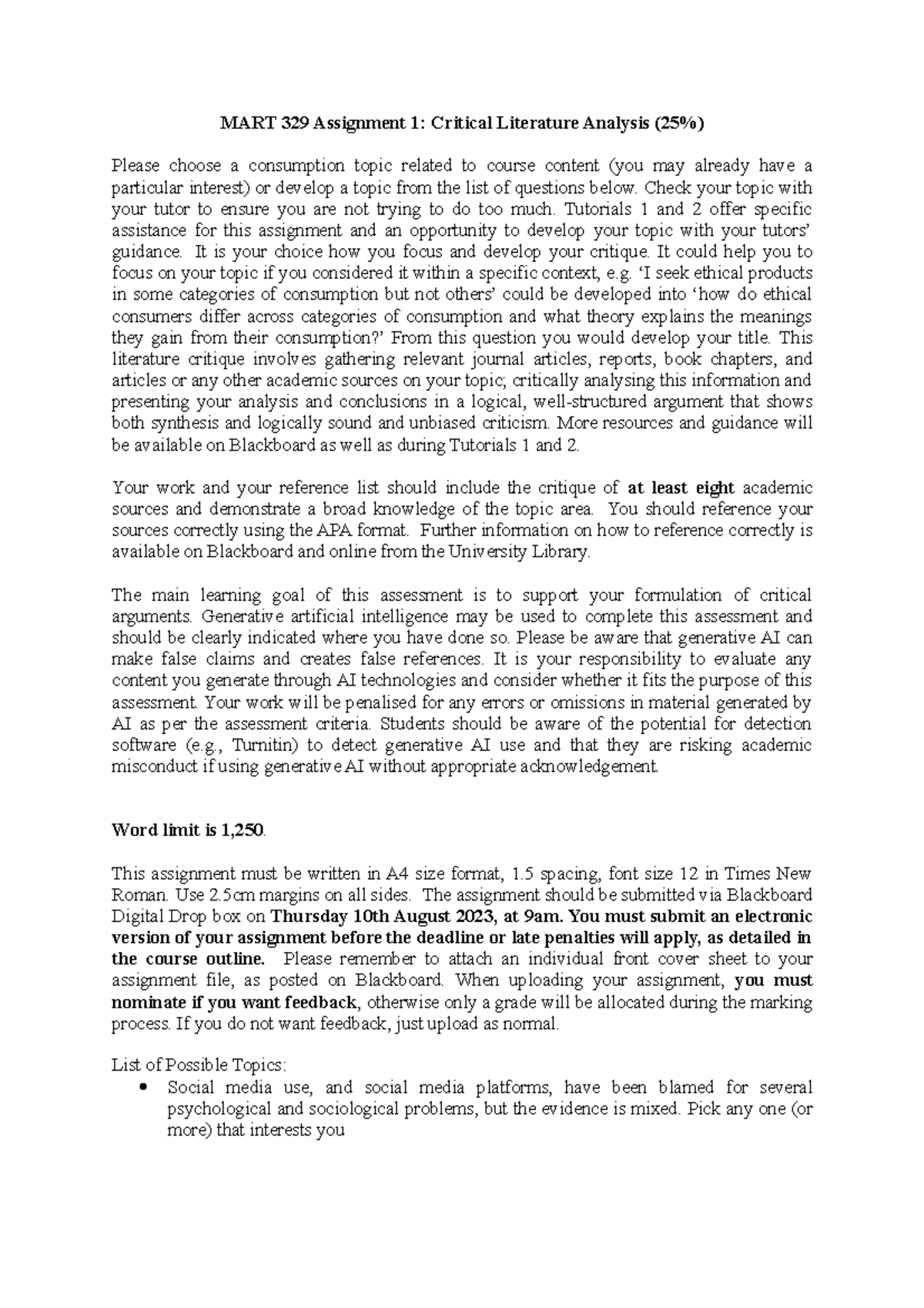 MART 329 Assignment One - Check your topic with your tutor to ensure ...