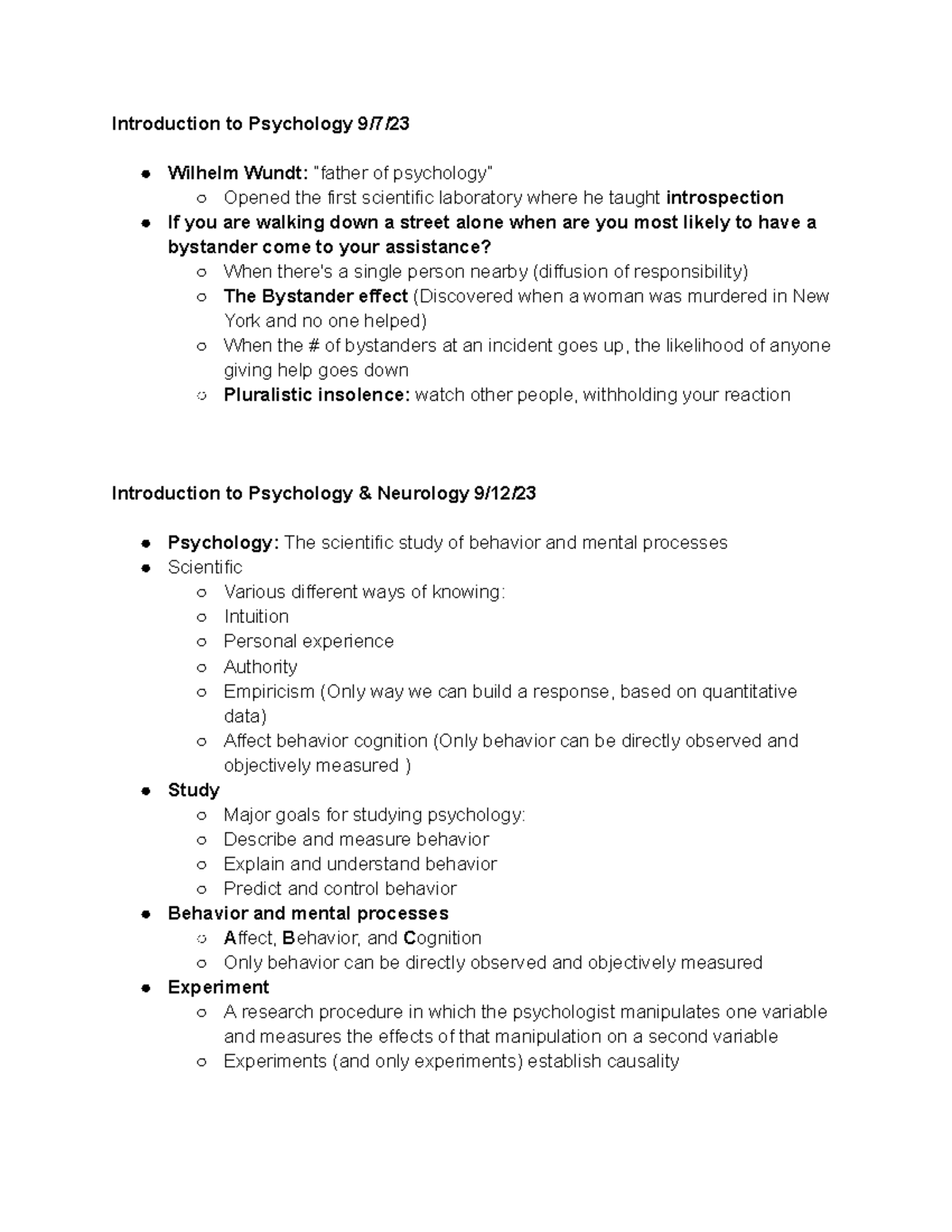 Psychology class notes - Introduction to Psychology 9/7/ Wilhelm Wundt ...