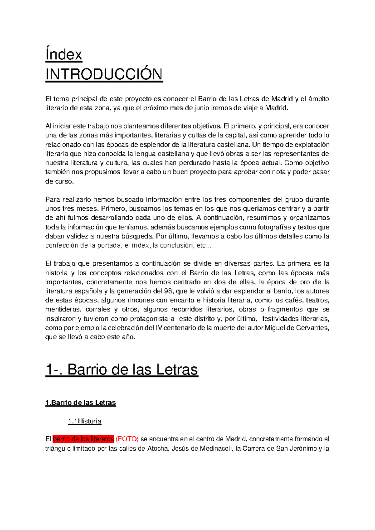 Barrio de las Letras-2 - Trabajo - Índex INTRODUCCIÓN El tema principal ...