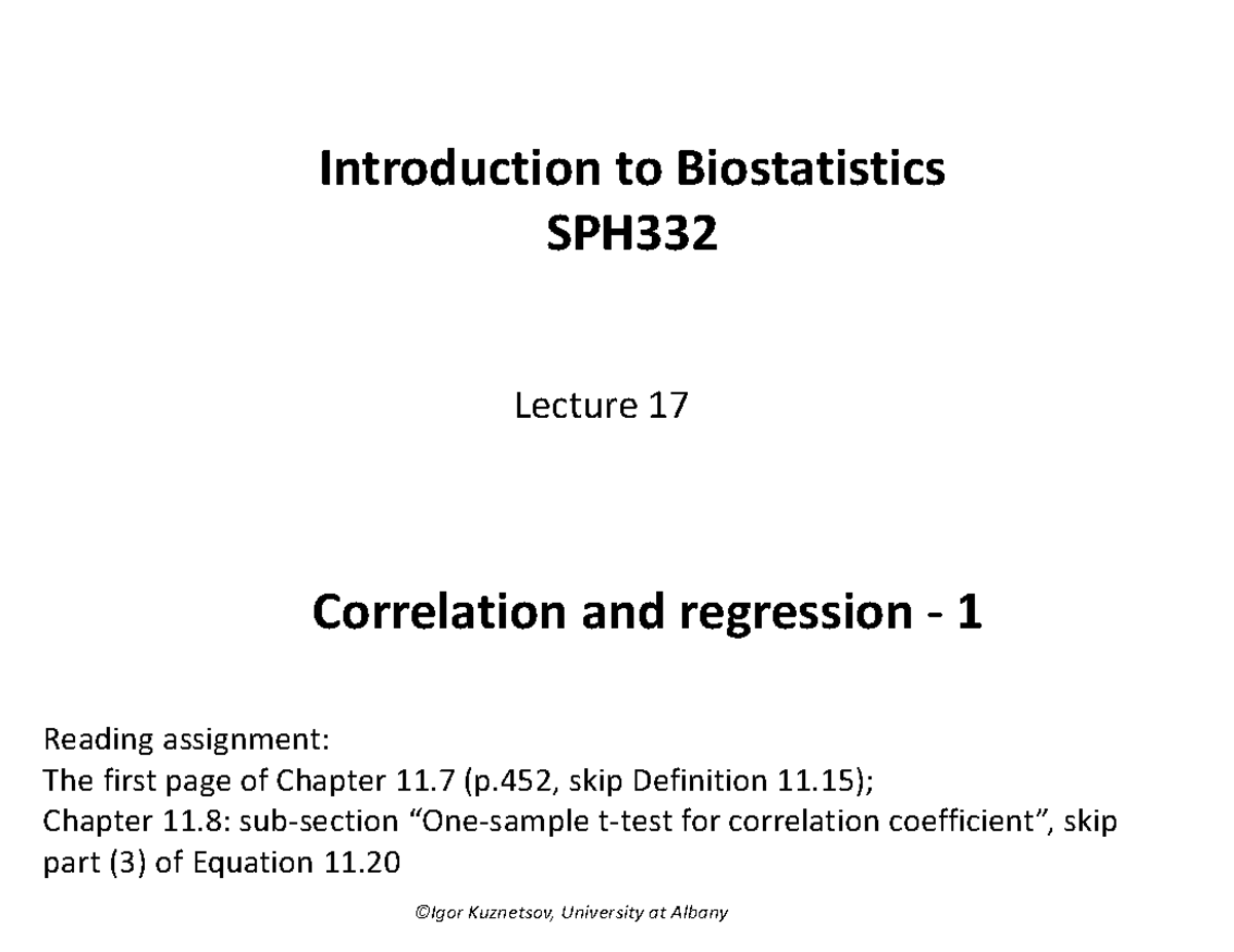 Lecture 17 w/ answers - Correlation and regression - 1 Introduction to ...
