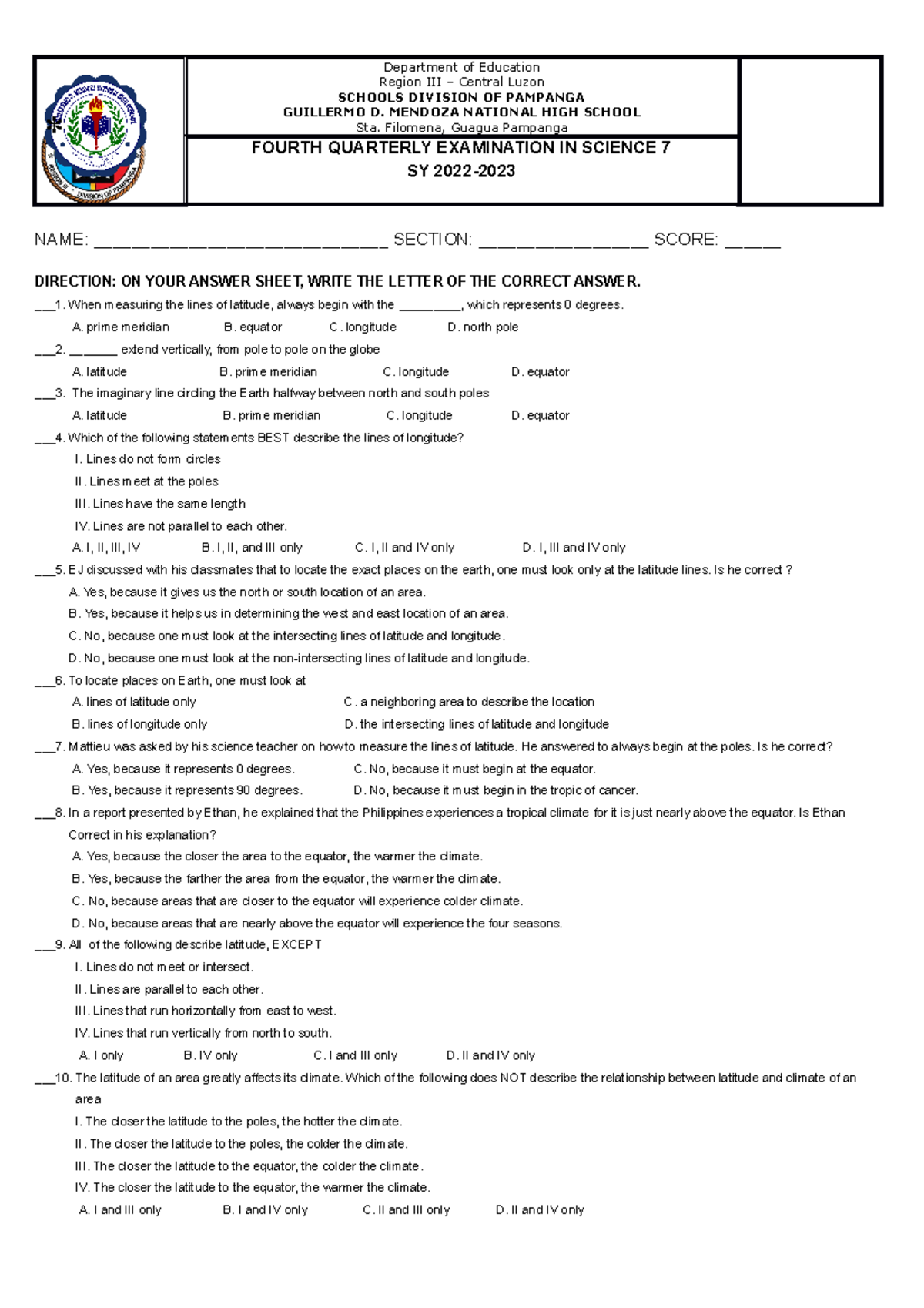 Fourth Periodical TEST Science 7 2022 2023 - * Department of Education ...