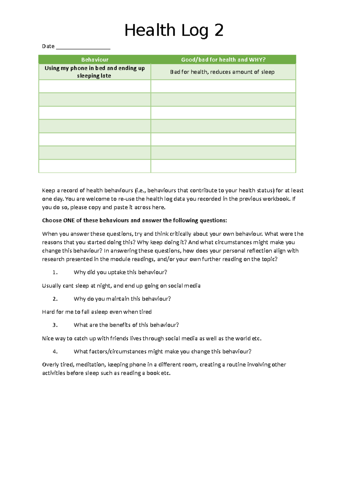 Module 3 Workbook Activity - Health Log 2 - Health Log 2 Date ...