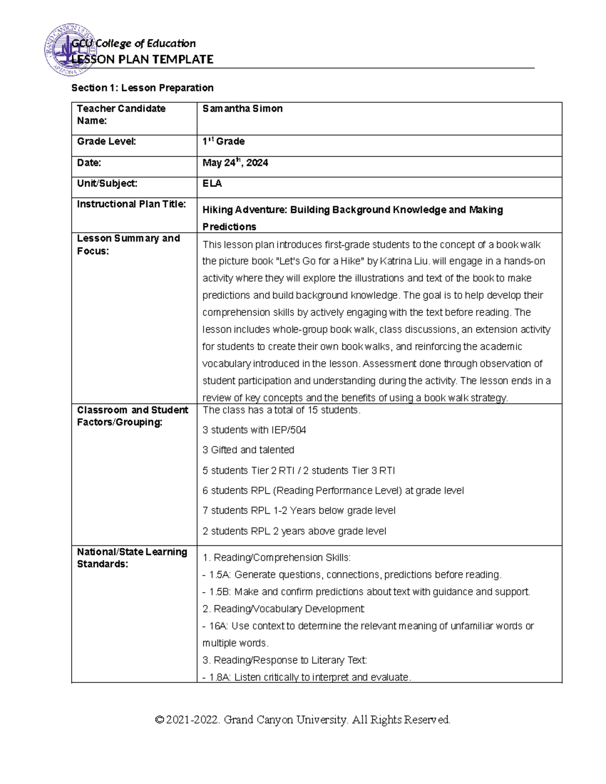 S.Simon Book Walk Lesson Plan - LESSON PLAN TEMPLATE Section 1: Lesson ...