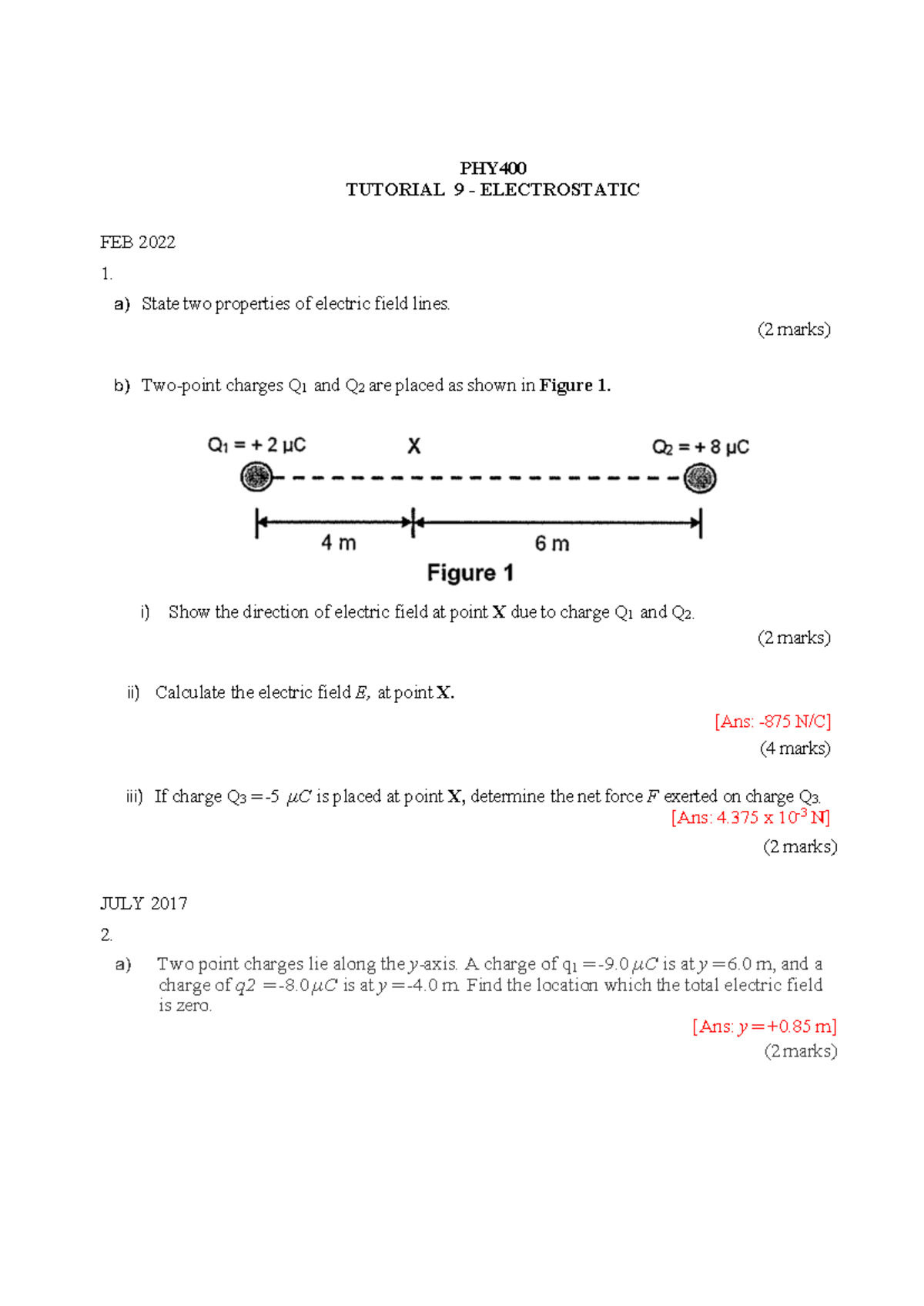 Tutorial 9 PHY400 - Electrostatic - PHY TUTORIAL 9 - ELECTROSTATIC FEB ...