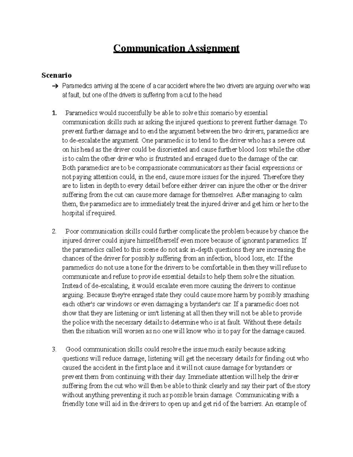 Communication Assignment - Communication Assignment Scenario Paramedics ...