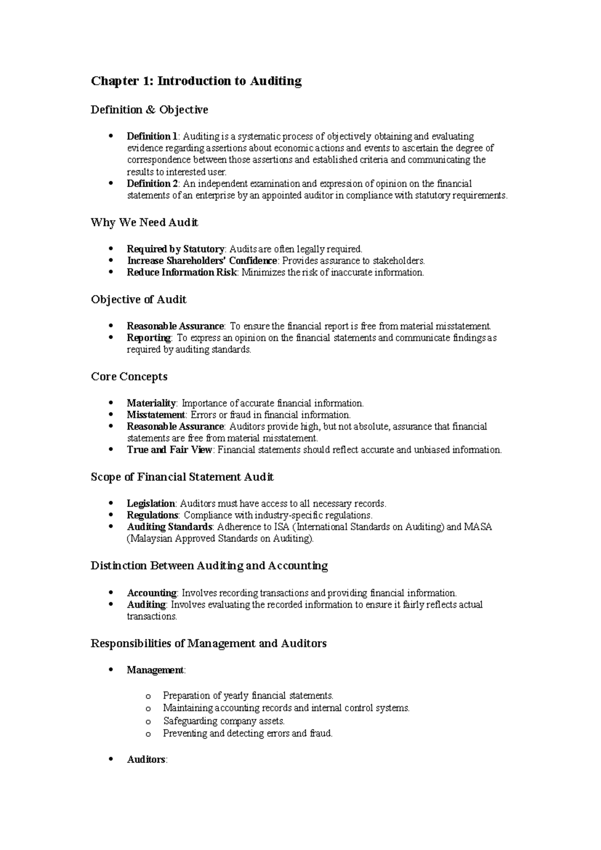 audit Chapter 1 - Chapter 1: Introduction to Auditing Definition & Objective Definition 1: - Studocu