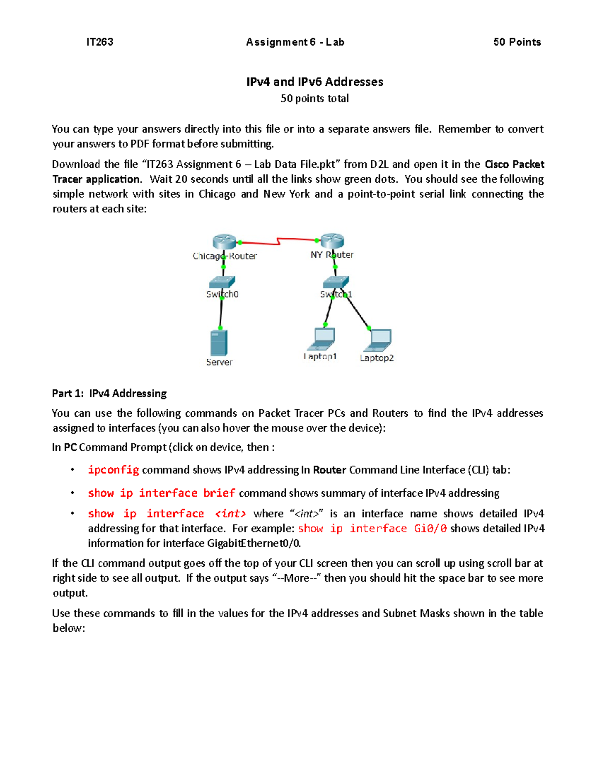 IT263 Assignment 6 - Lab v1 - IPv4 and IPv6 Addresses 50 points total You can type your answers ...
