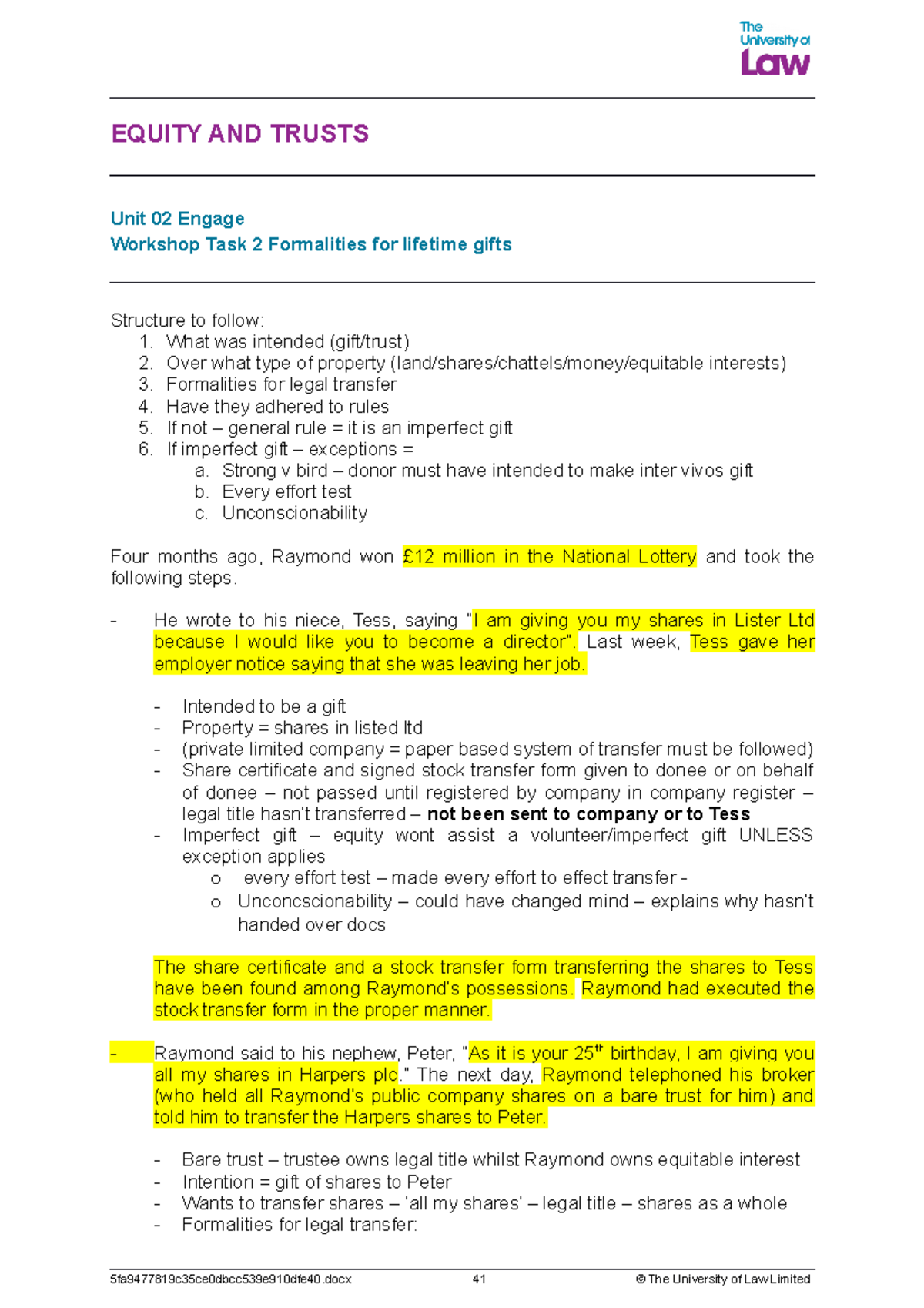 Formalities for lifetime gifts in Equity and Trusts - Studocu