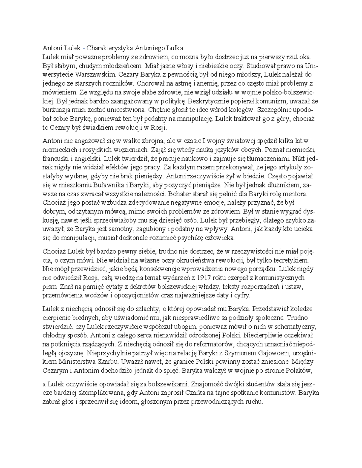 Przedwiosnie 1 - Antoni Lulek - Charakterystyka Antoniego Lulka Lulek ...