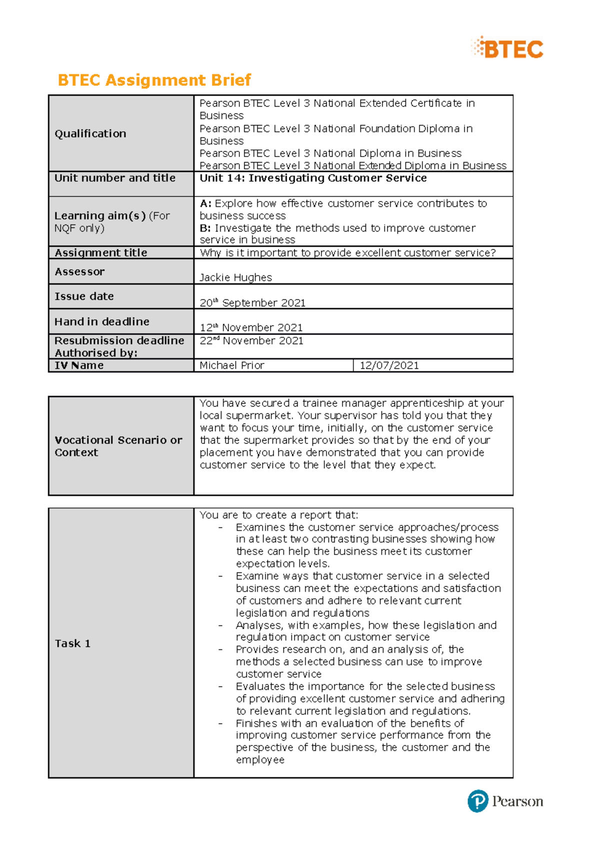 Unit 14 Assignment 01 BTEC Assignment Brief Qualification