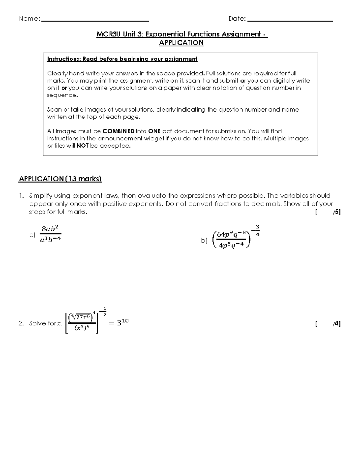 Unit 3 Test Application Name Date Mcr3u Unit 3 Exponential