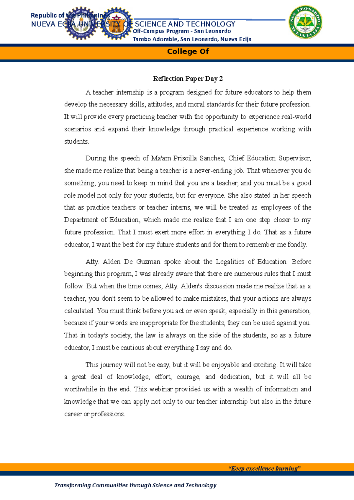 2 - FOR EDUCATION PURPOSE ONLY - Reflection Paper Day 2 A teacher internship is a program ...