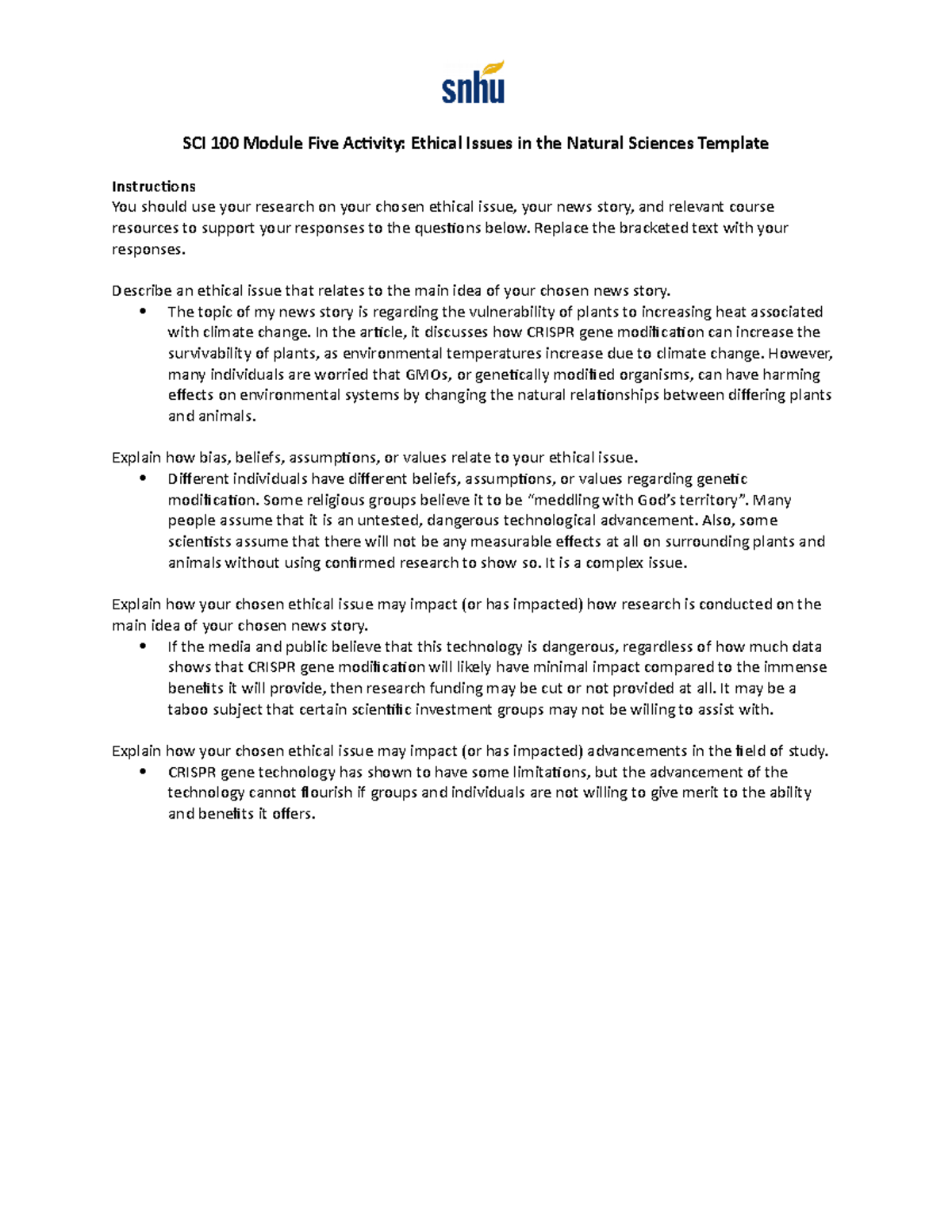SCI 100 Module Five Activity Template - SCI 100 Module Five Activity: Ethical Issues in the ...