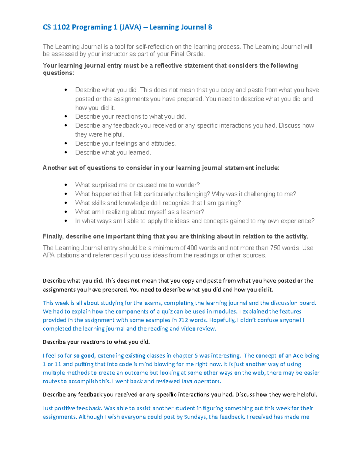 CS1102 Programming 1 - Learning Journal 8 - CS 1102 Programing 1 (JAVA ...