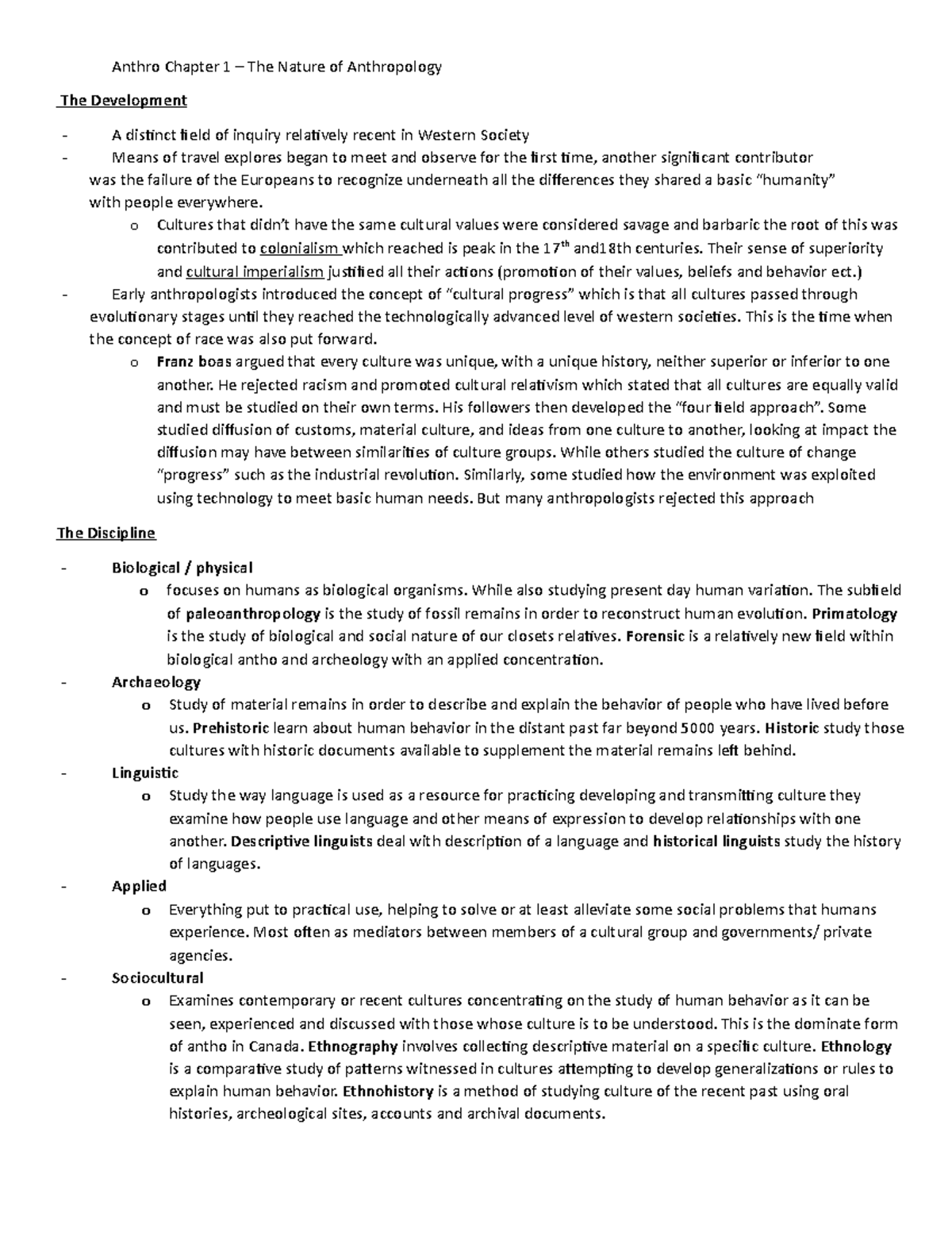 Anthro notes ch1 - Anthro Chapter 1 – The Nature of Anthropology The ...