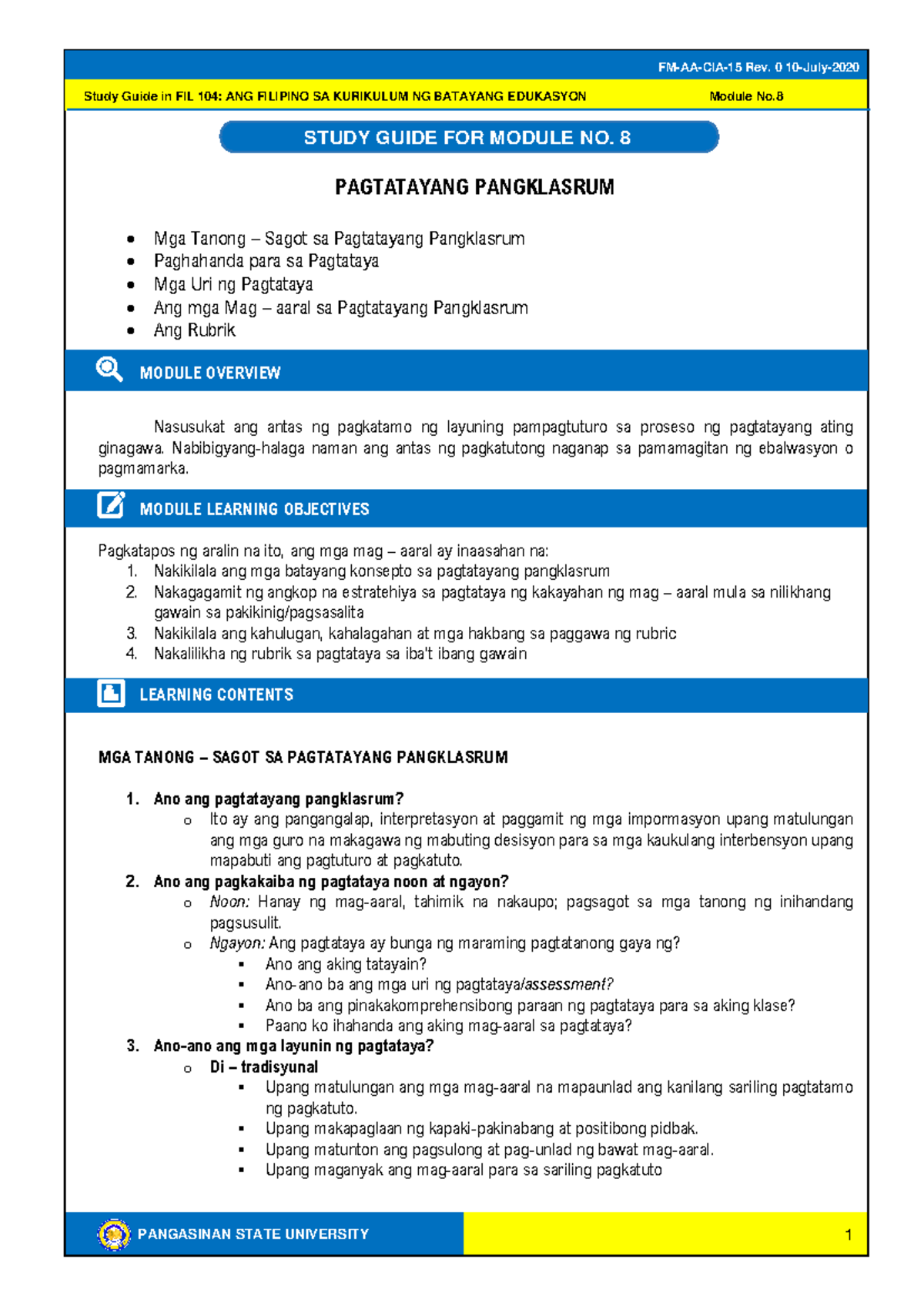FIL104-SG- Module 8 - N/A - PANGASINAN STATE UNIVERSITY Study Guide in FIL 10 4 : ANG FILIPINO ...