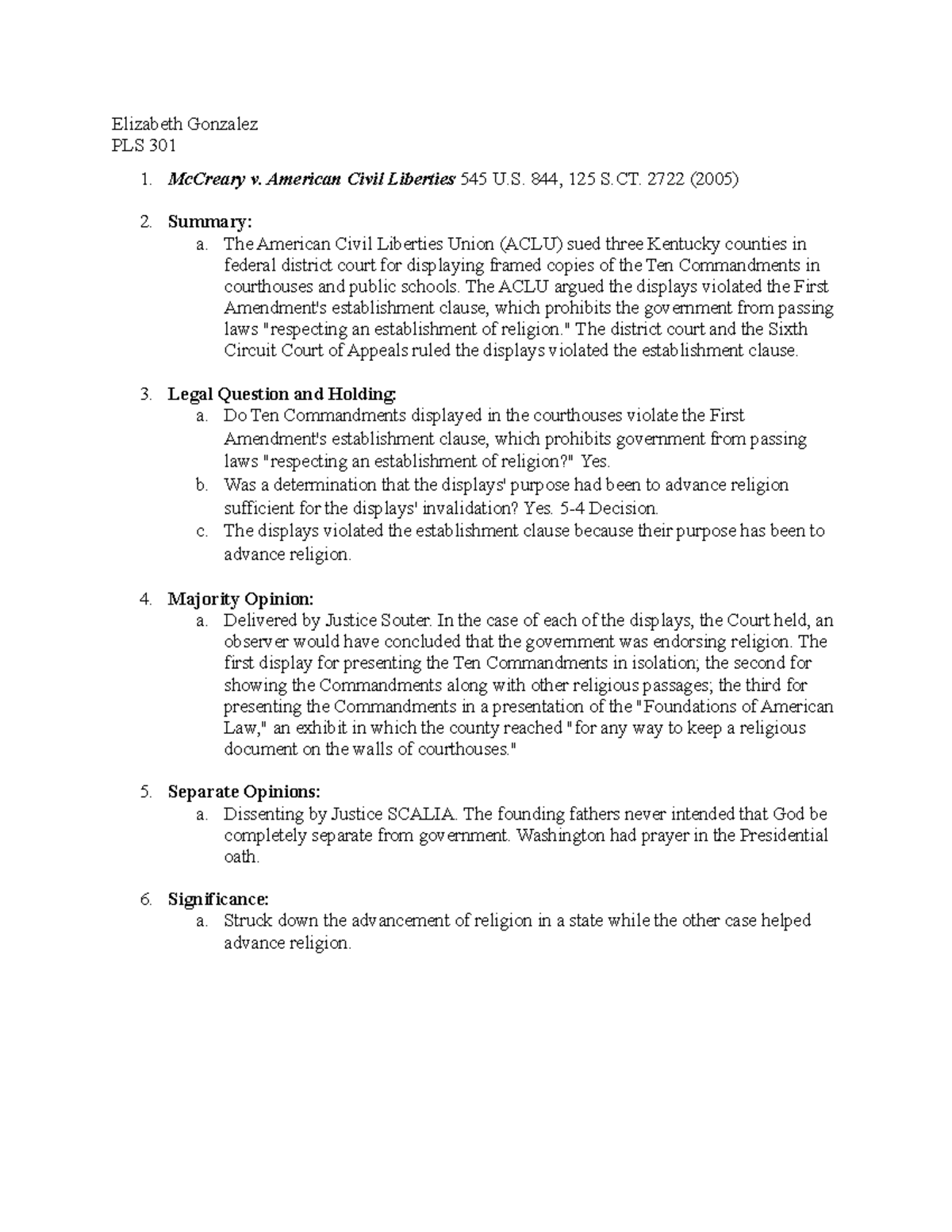 Mc Creary v. American Civil Liberties Union of Kentucky Brief - Elizabeth Gonzalez PLS 301 ...