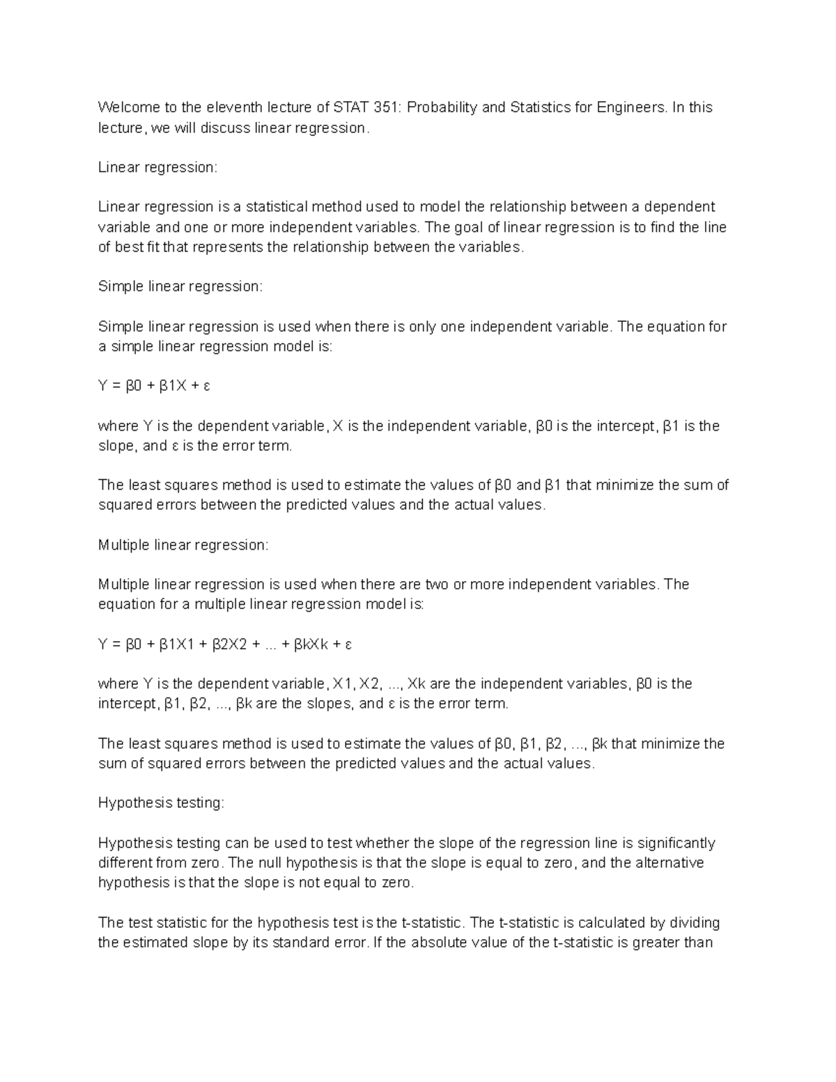 Lecture #11 Linear Regression - Welcome to the eleventh lecture of STAT 351: Probability and ...