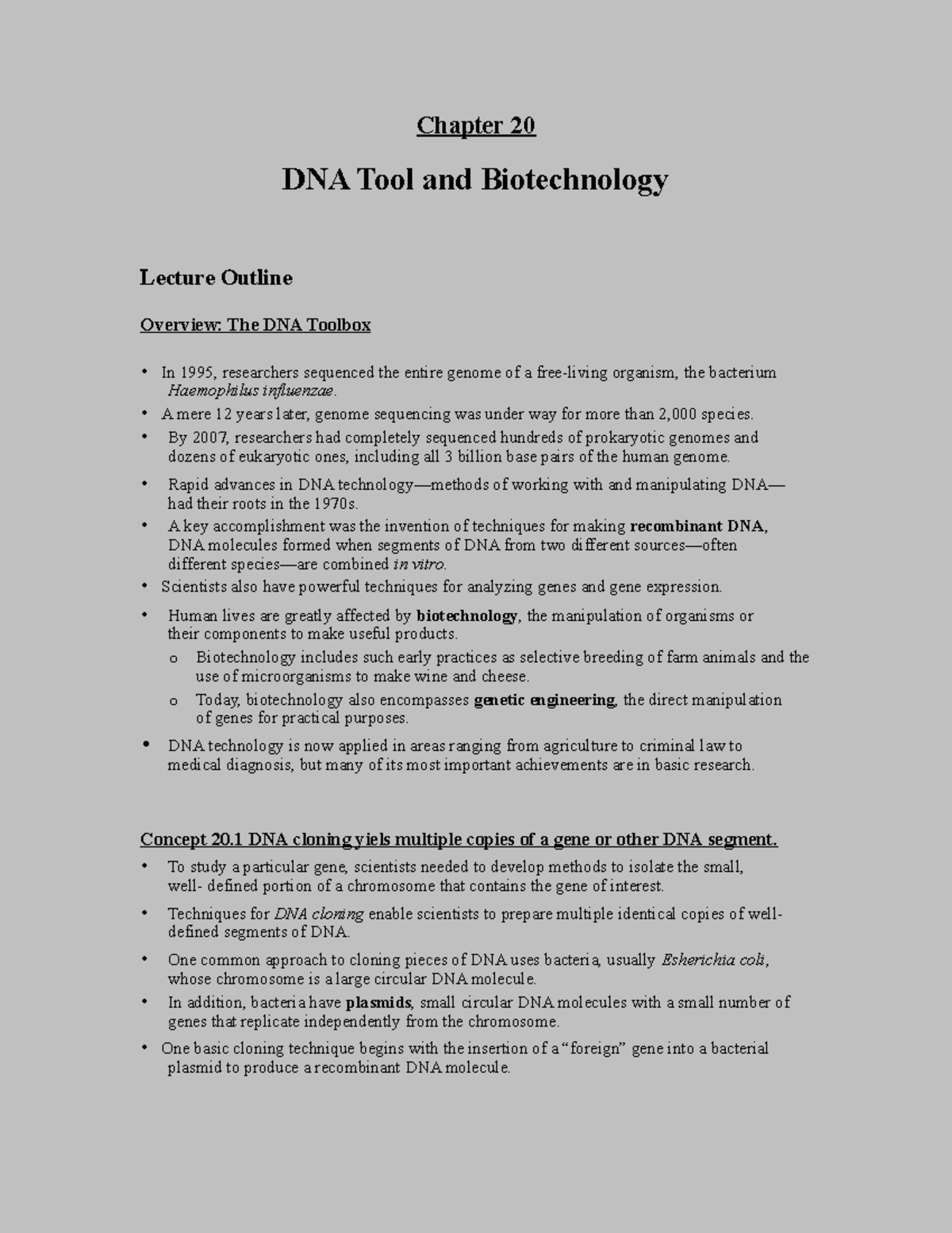 Chapter 20-DNA Tool and Biotechnology Detailed Lecture Outline ...