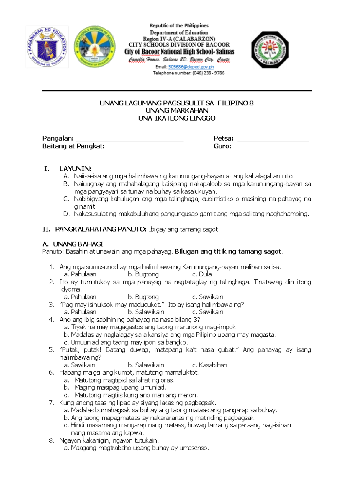 Summative TEST 1 Filipino 8 - UNANG LAGUMANG PAGSUSULIT SA FILIPINO 8 ...
