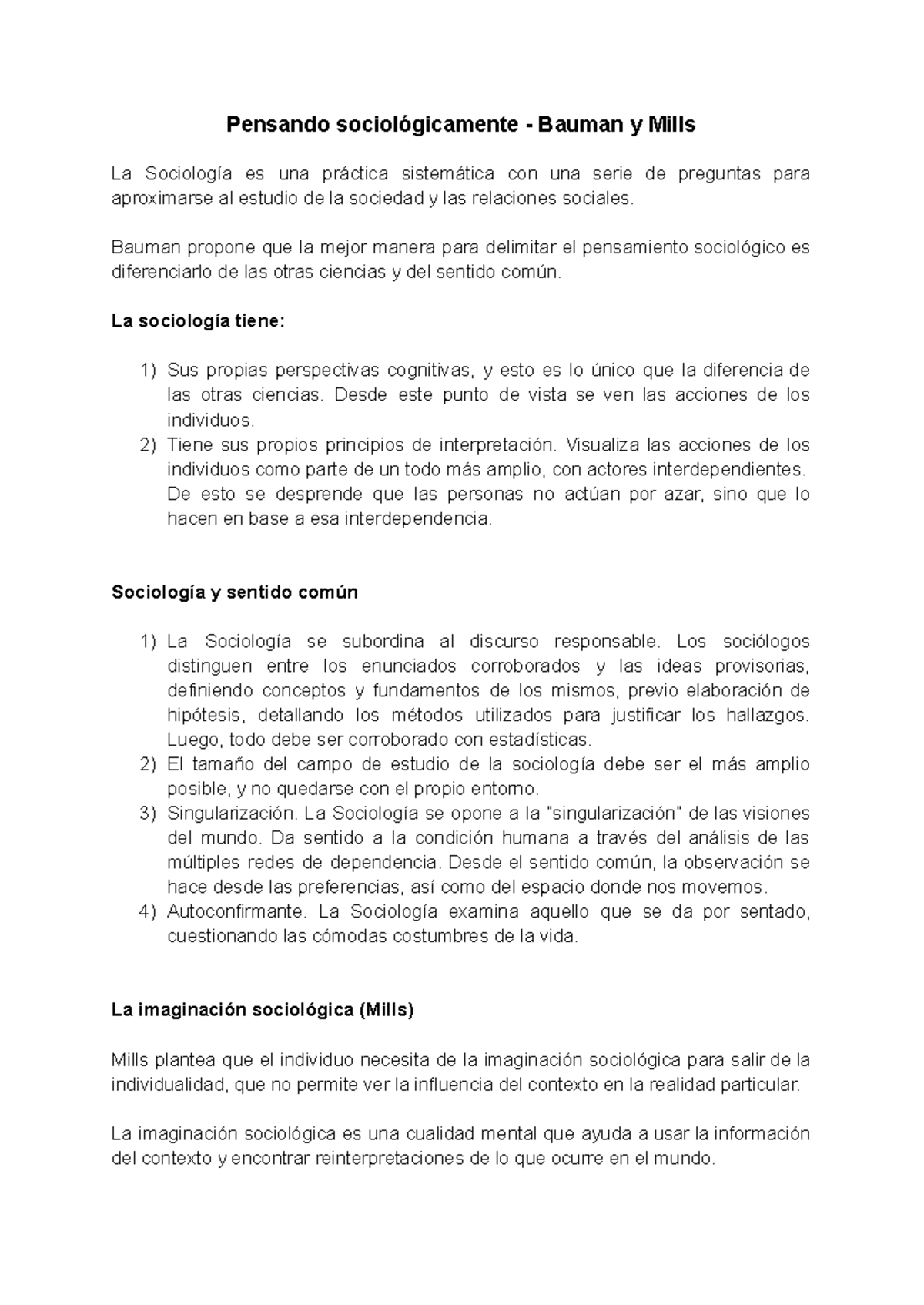 Resúmen Pensando sociológicamente - Bauman y Mills - Pensando ...