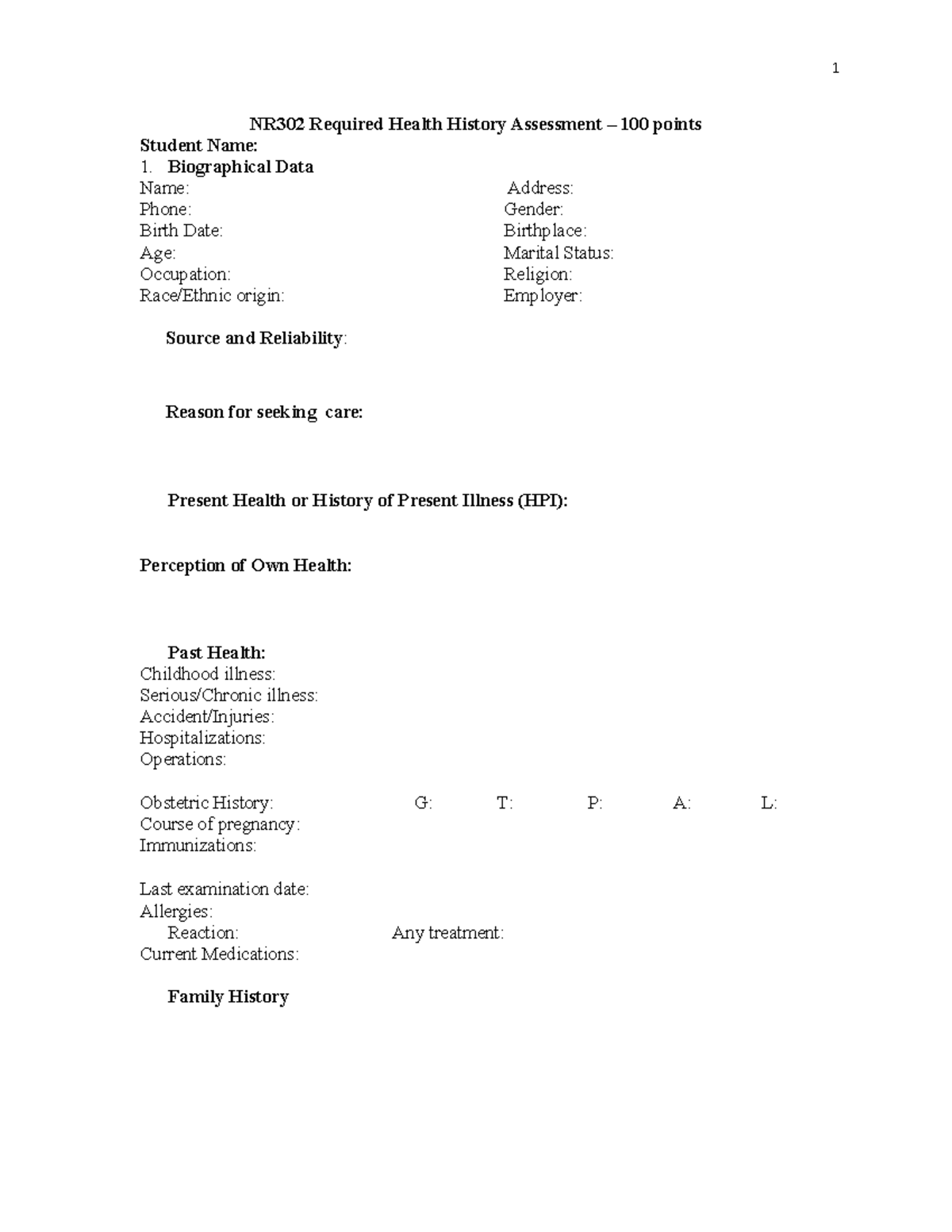 Health History Template 2020 - 1 NR302 Required Health History ...