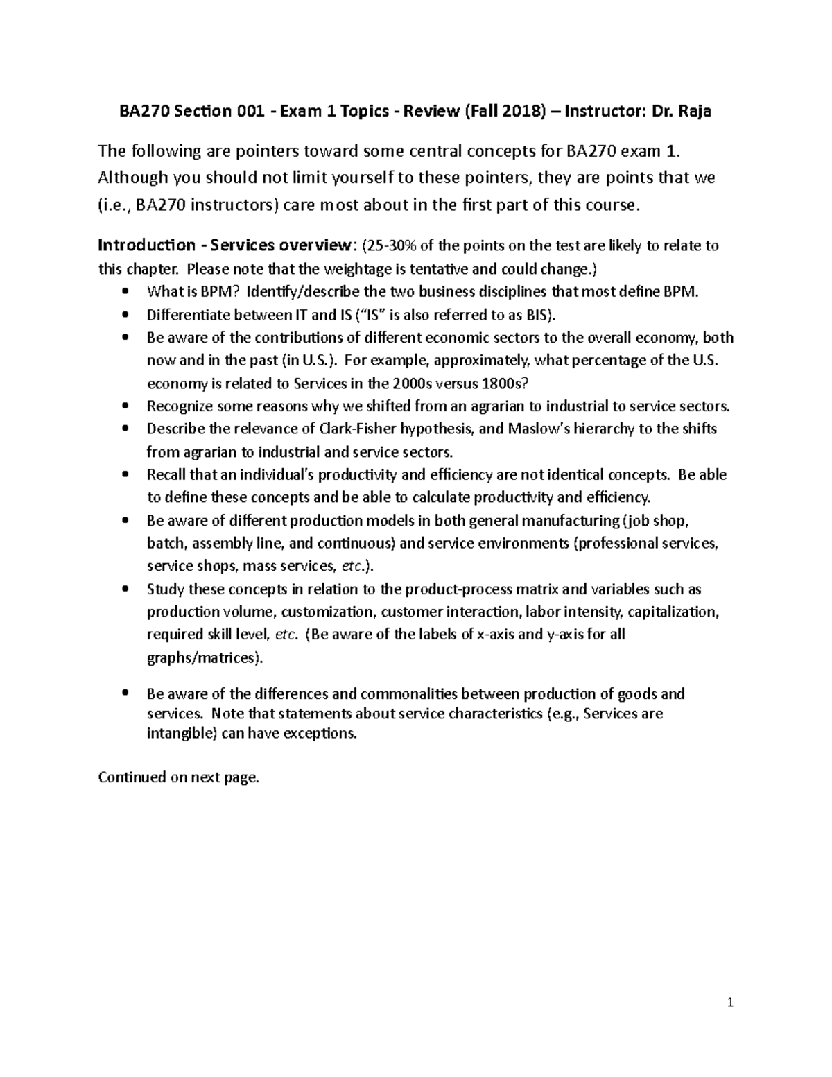 Exam 1 Study Guide - BA270 Section 001 Exam 1 Topics Review (Fall 2018 ...