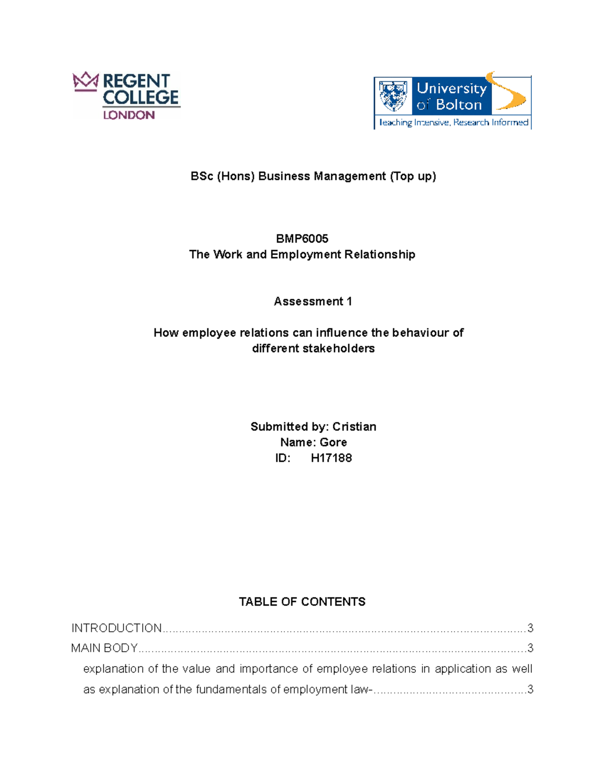 BMP6005- WORKING RELATIONS - BSc (Hons) Business Management (Top up ...