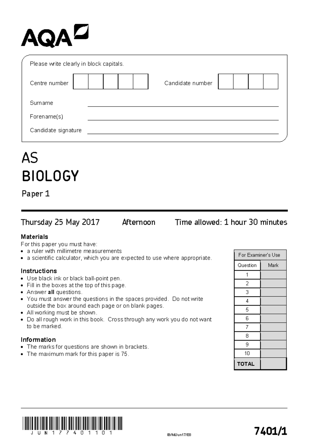 2017 AS Paper 1 - jun177401101 IB/M/Jun17/E8 7401/ For Examiner’s Use ...