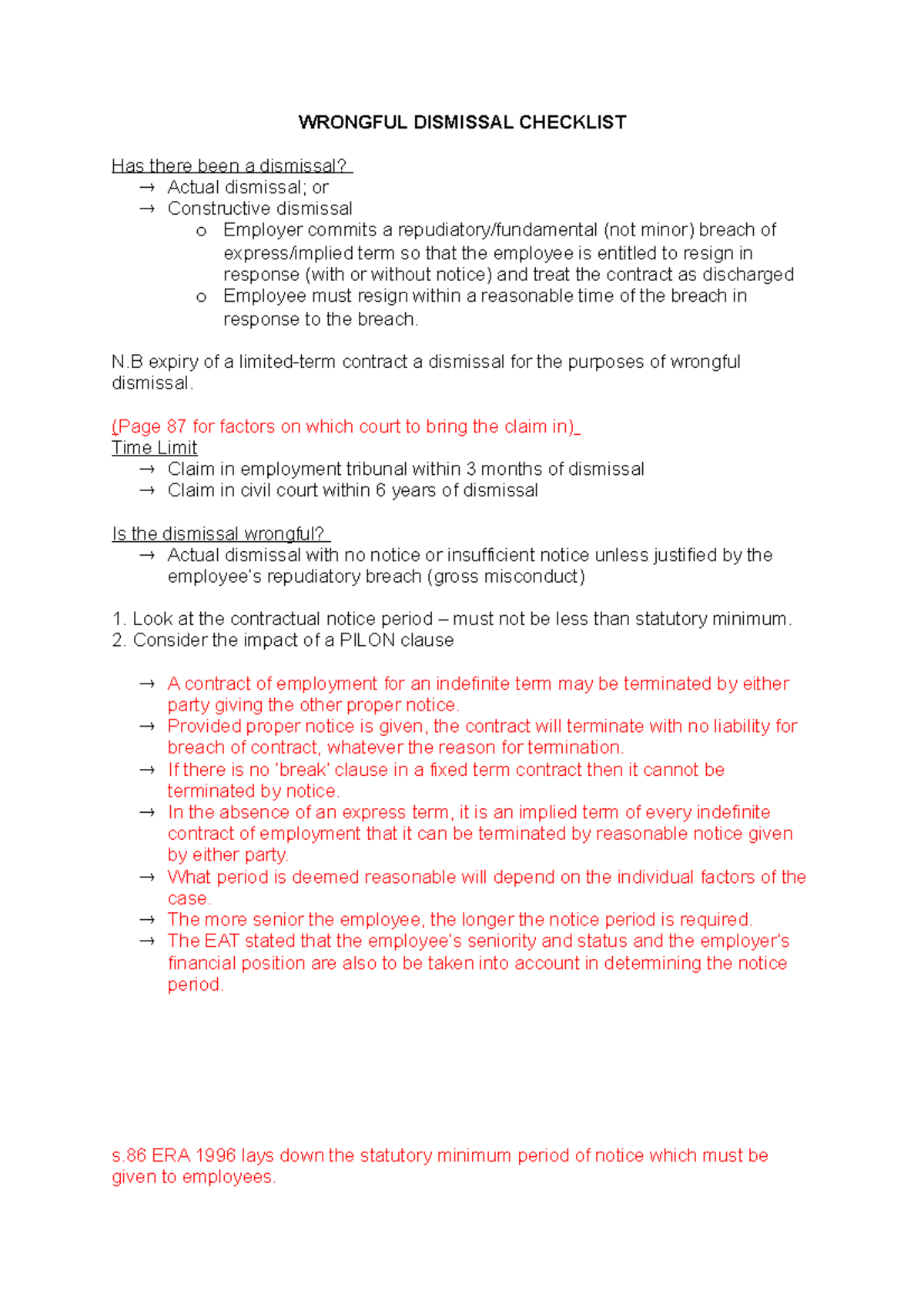 Wrongful Dismissal Checklist - WRONGFUL DISMISSAL CHECKLIST Has there ...