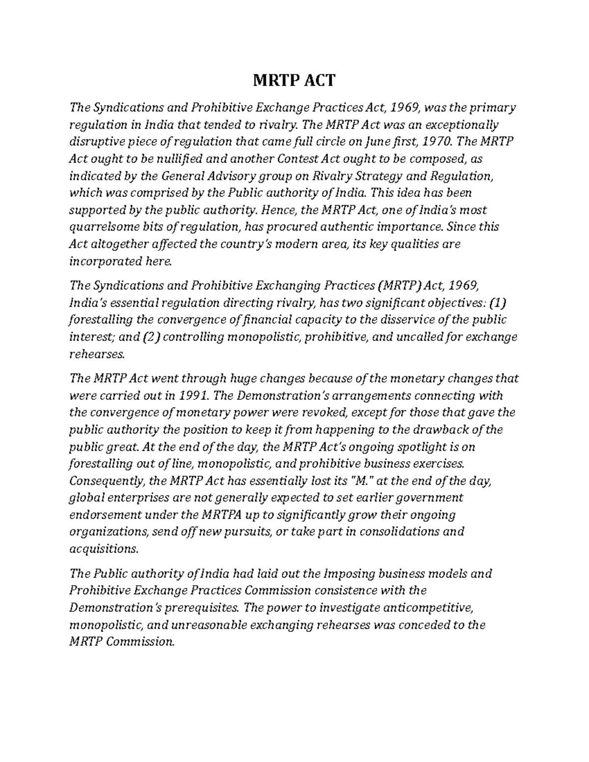 MRTP ACT - MRTP ACT - MRTP ACT The Syndications and Prohibitive ...
