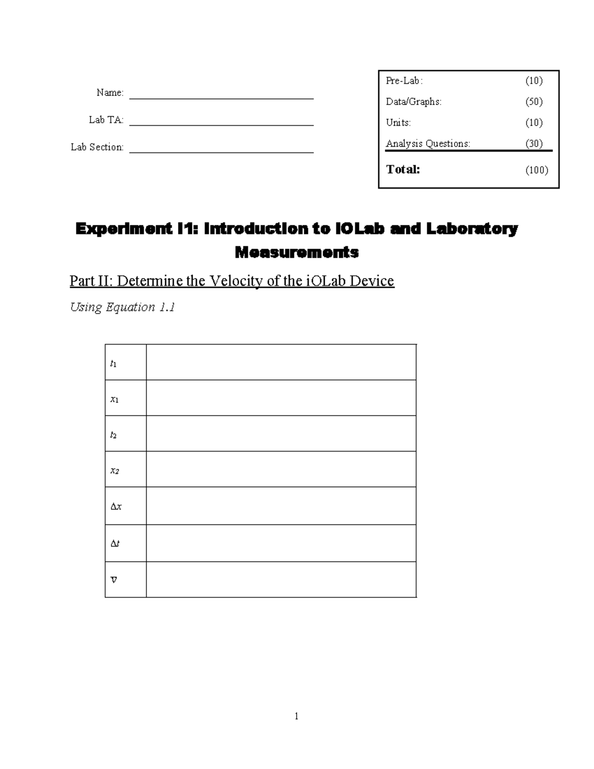 I1 worksheet lab - PHYS1511000A - Experiment i1: Introduction to iOLab ...